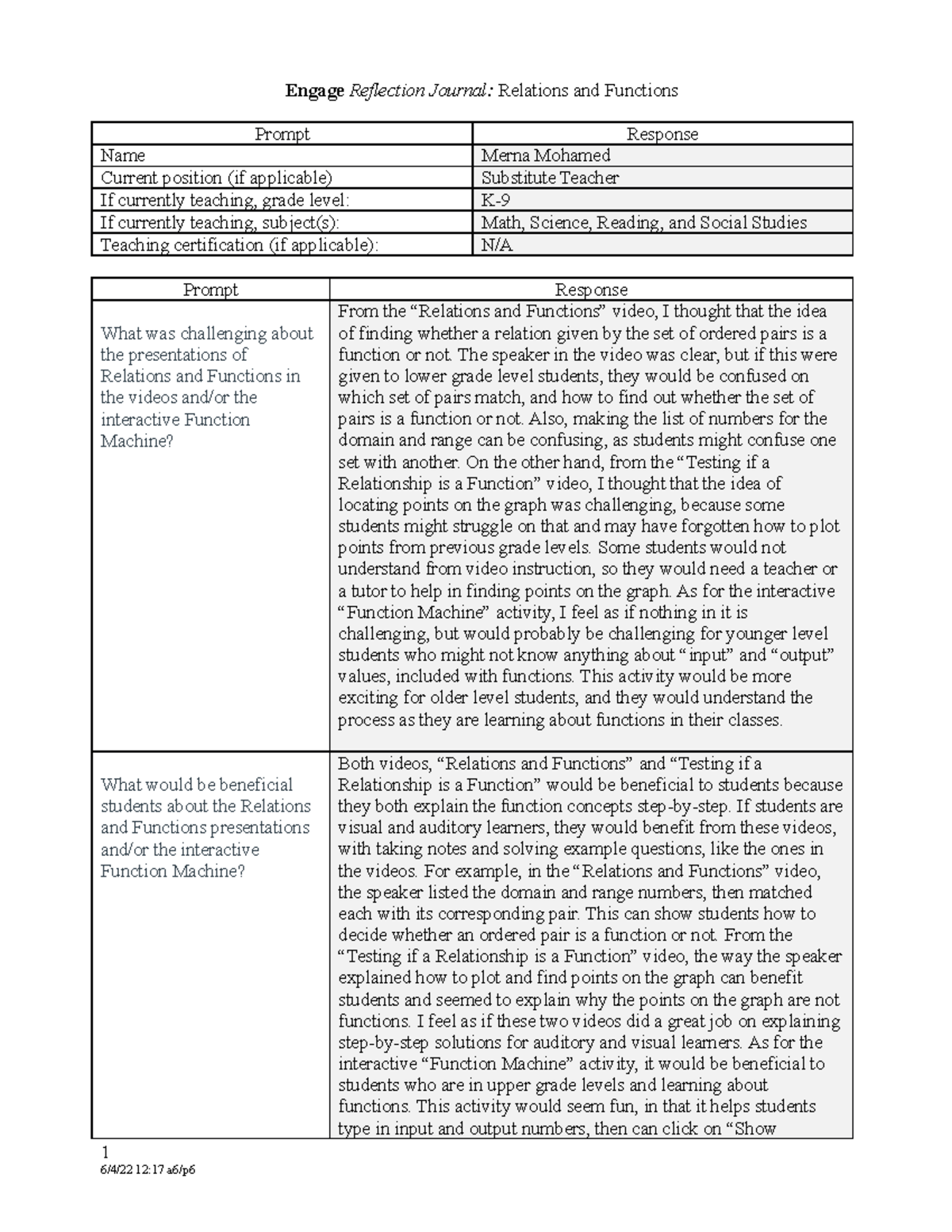 Engage Reflection Journal Relations and Functions - The speaker in the video was clear, but if ...