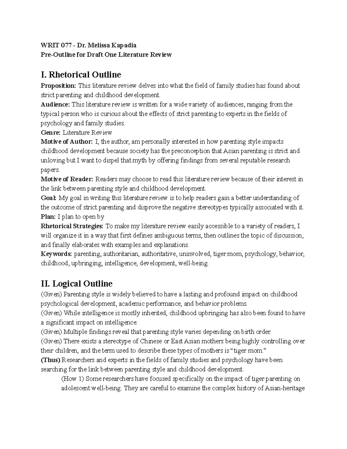 Pre-Outline for Draft One Literature Review - WRIT 077 - Dr. Melissa ...