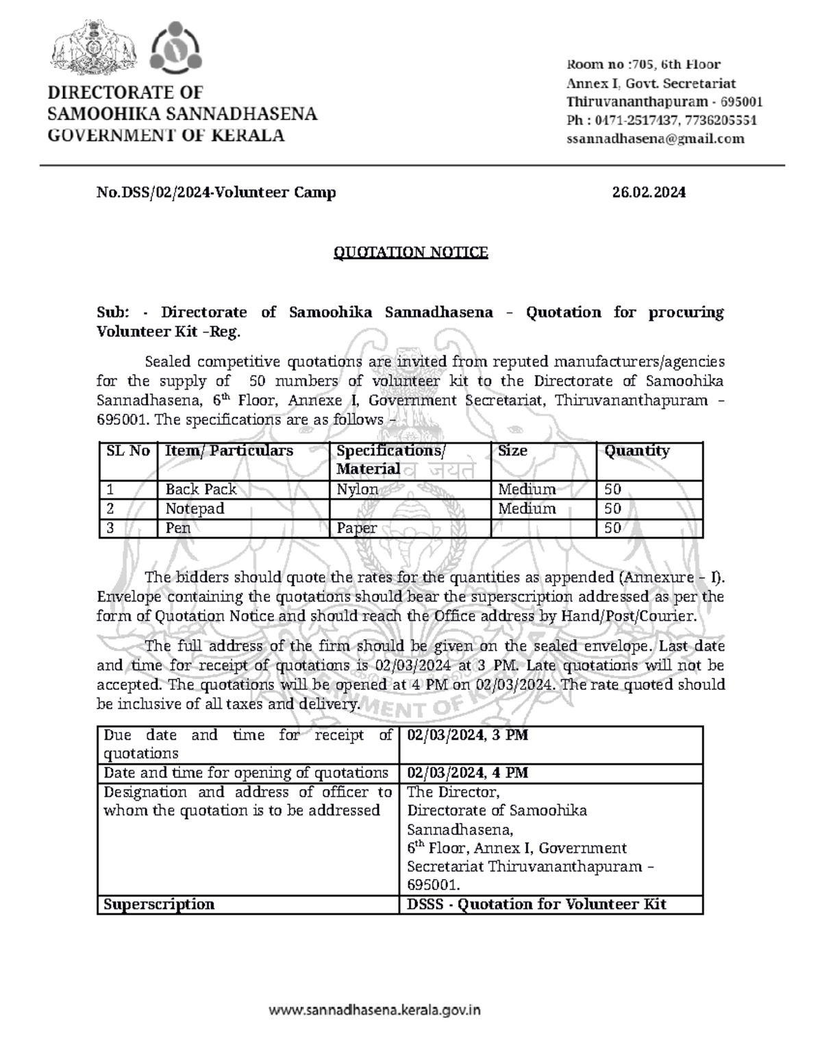 Quotation Notice - Volunteer Kit - No/02/2024-Volunteer Camp 26 ...