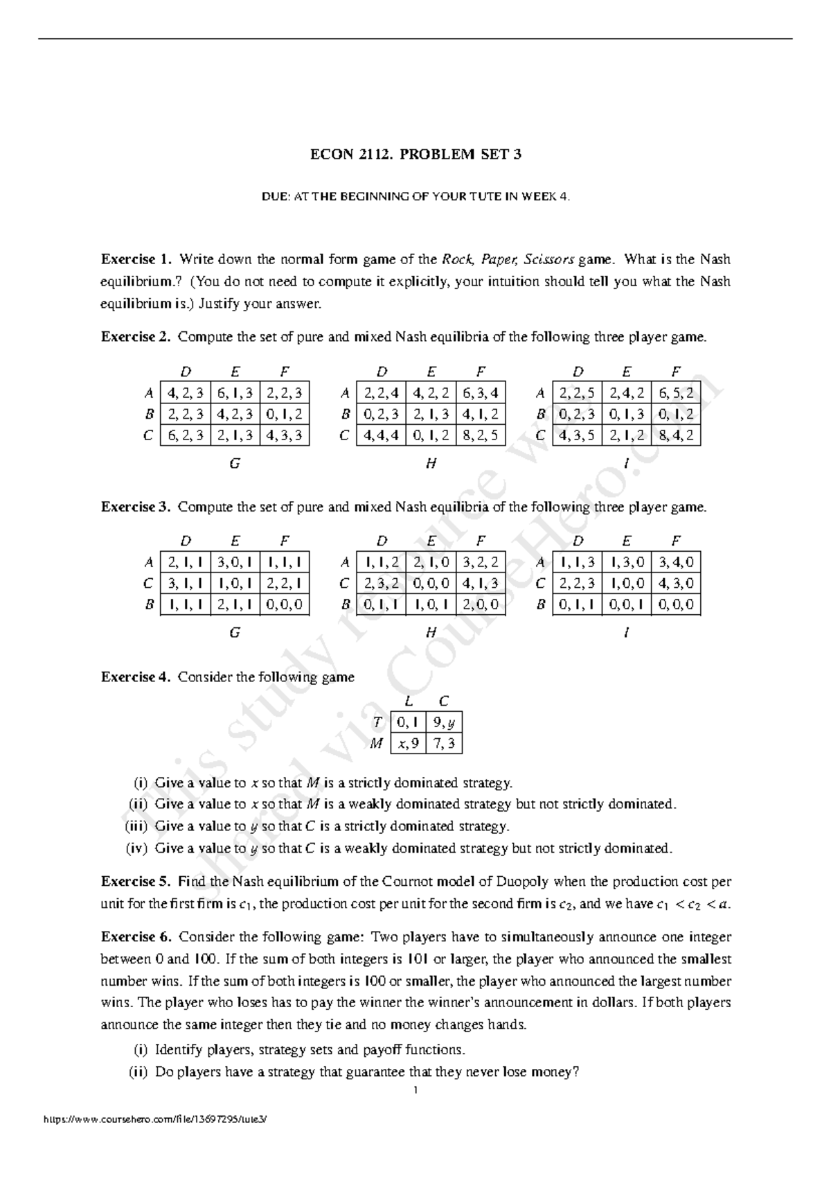 Tute3 - come on - ECON 2112. PROBLEM SET 3 DUE: AT THE BEGINNING OF YOUR TUTE IN WEEK 4 ...