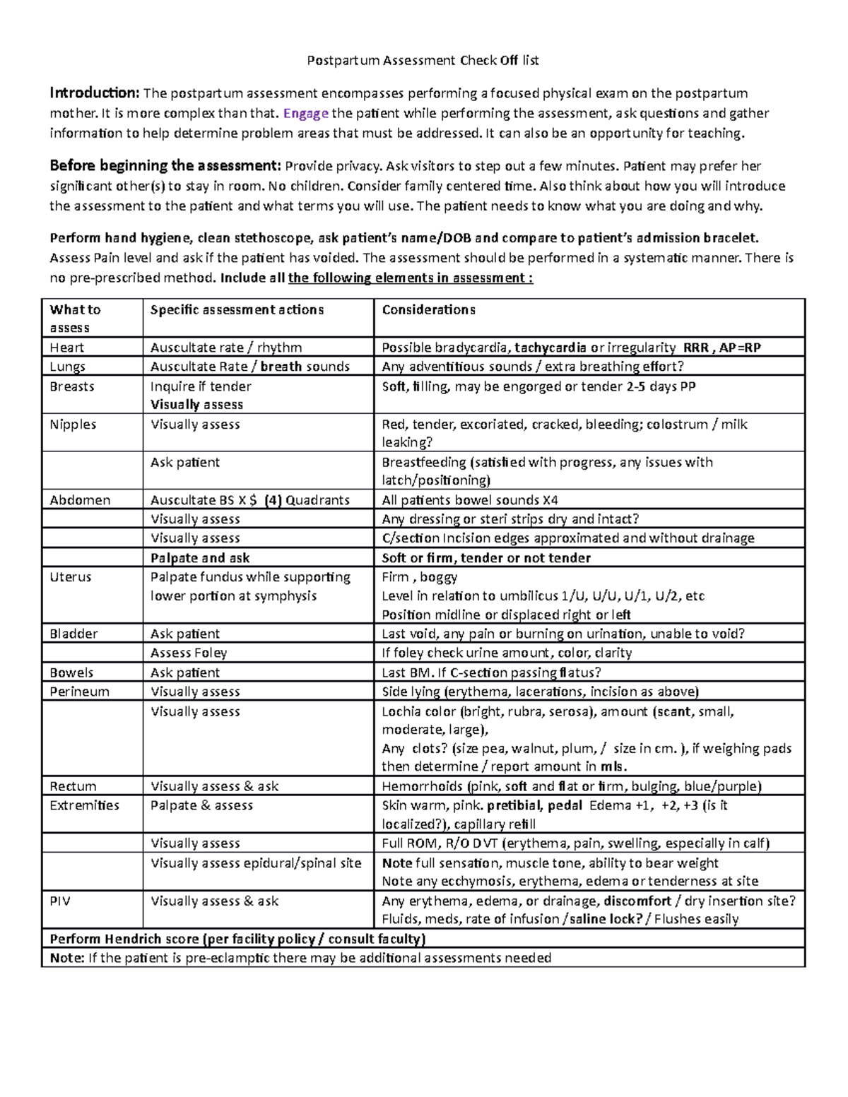 Postpartum Assessment tool - Postpartum Assessment Check Off list ...