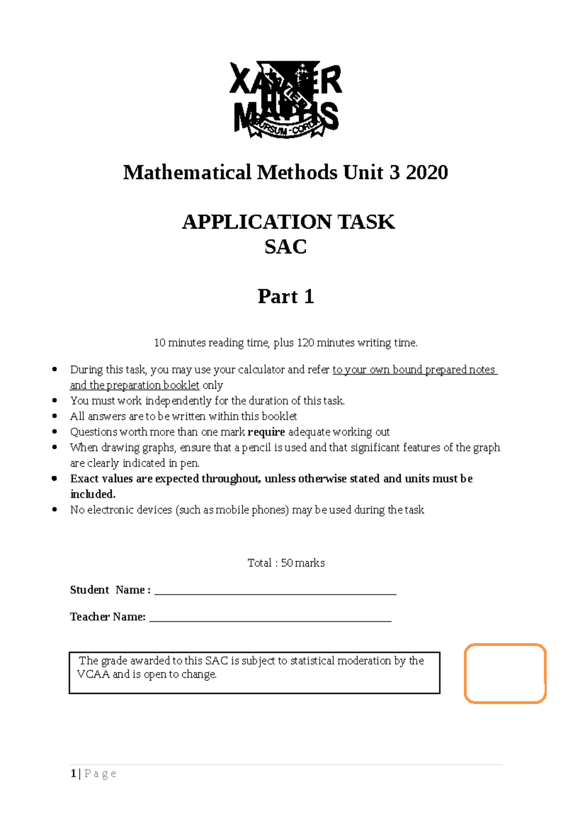 Mathematical Methods Sac 1 2020 Part 1 1 Mathematical Methods Unit 3 2020 Application Task Sac
