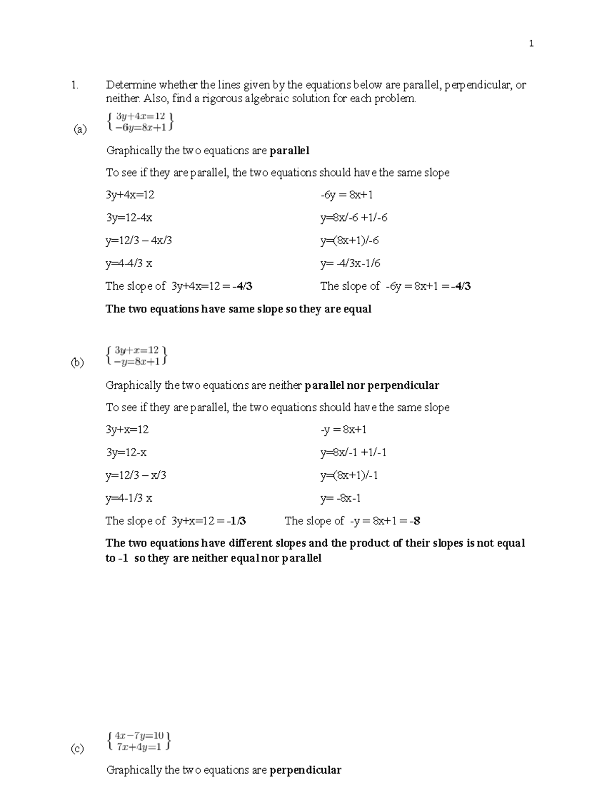 Math 1201 Written assignment Unit 2 - Determine whether the lines given ...