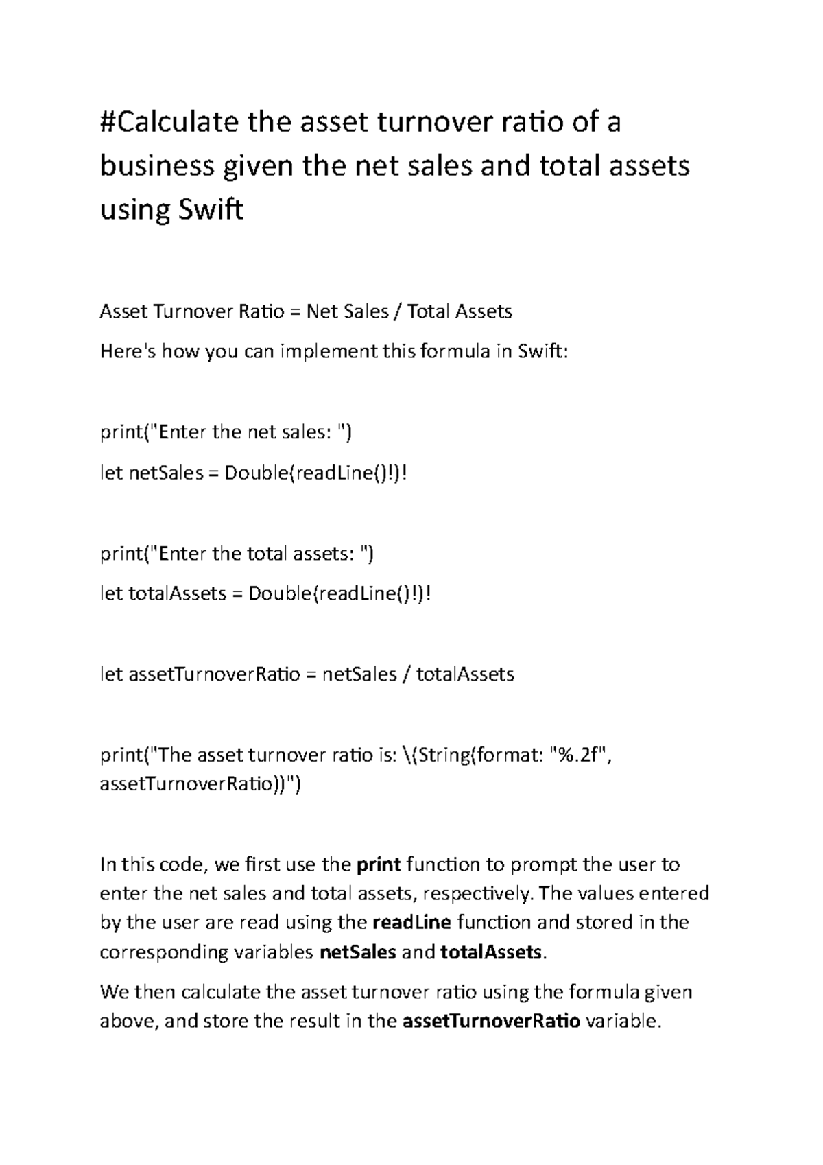 Net sales and total assets using Swift - #Calculate the asset turnover ...