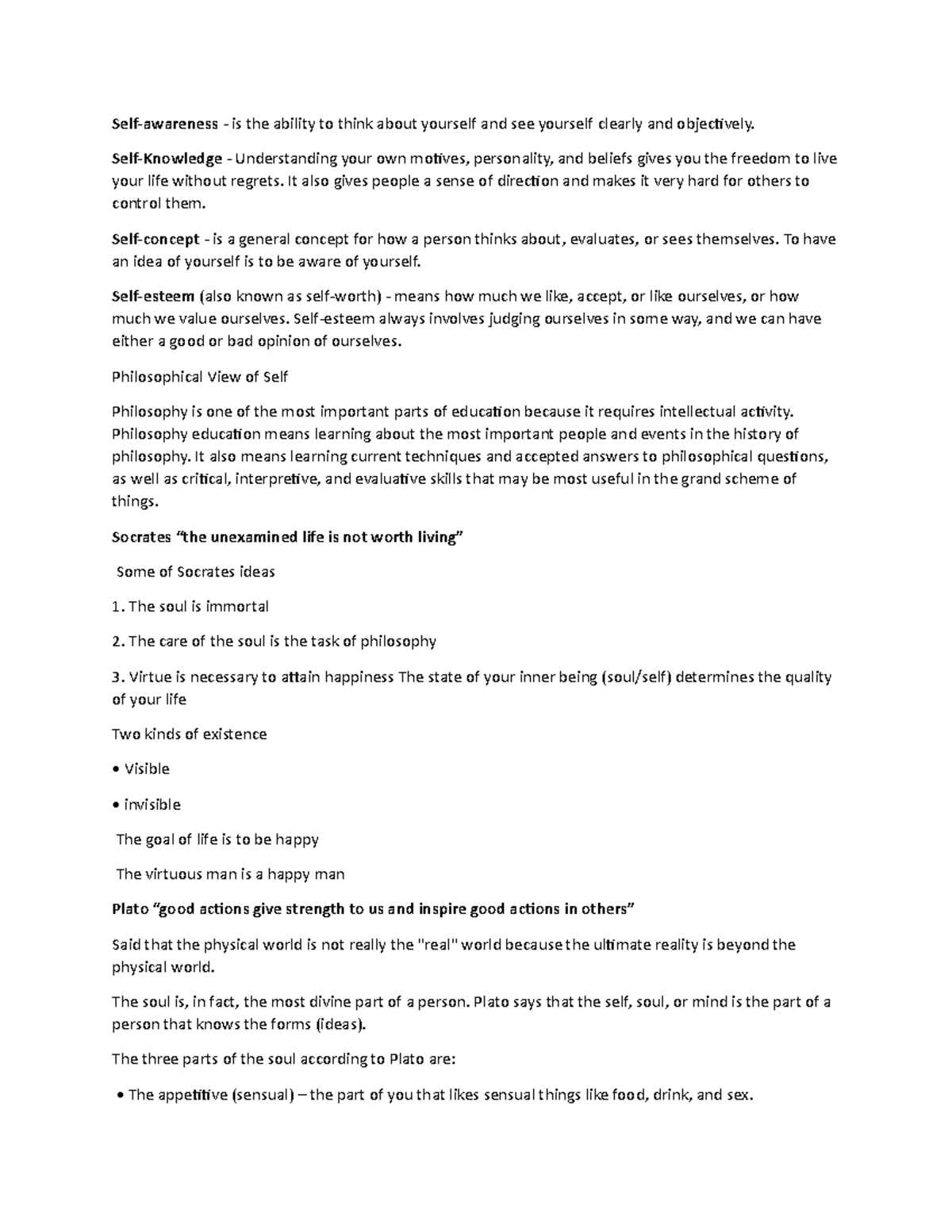 Philosopy- Notes - Self-awareness - is the ability to think about ...
