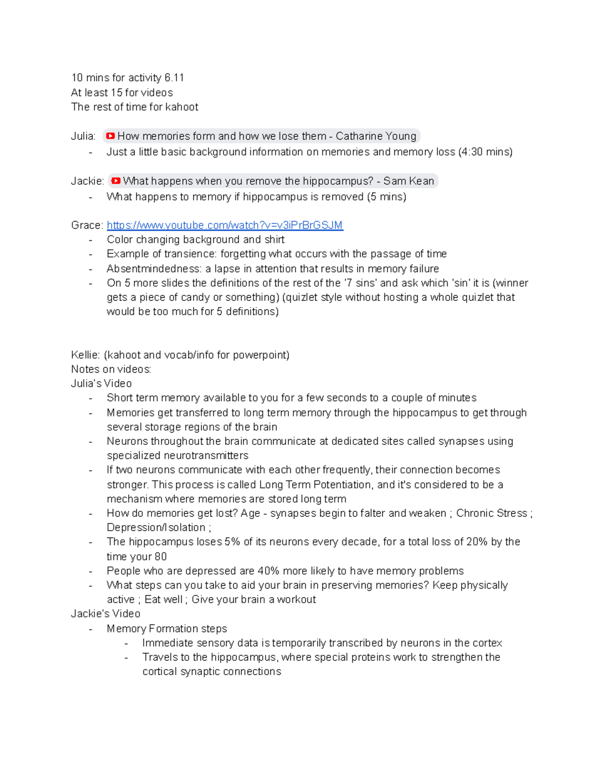 Psychology presentation on memory outline - 10 mins for activity 6. At ...