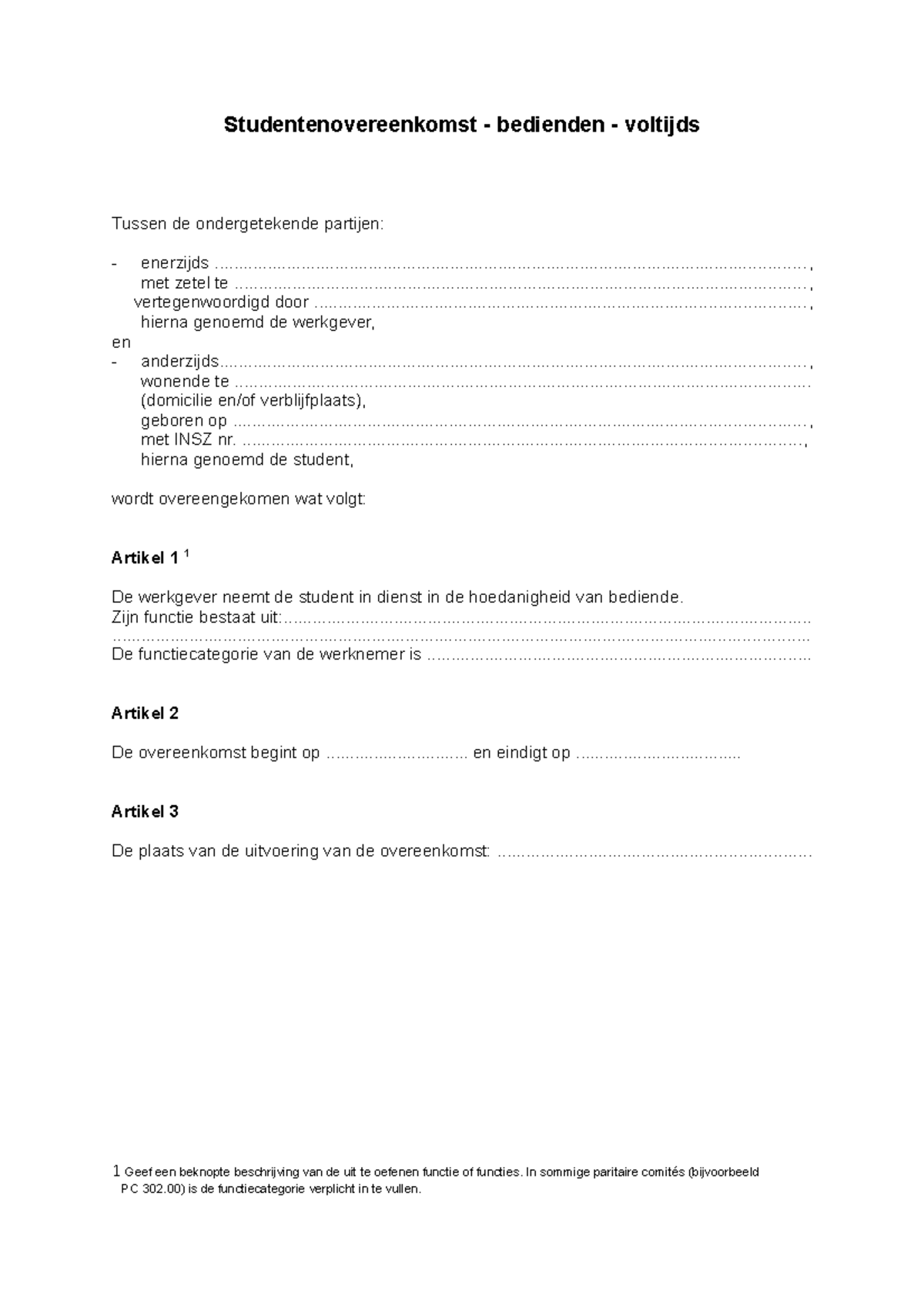 212n - Studentenovereenkomst - bedienden - voltijds Tussen de ...