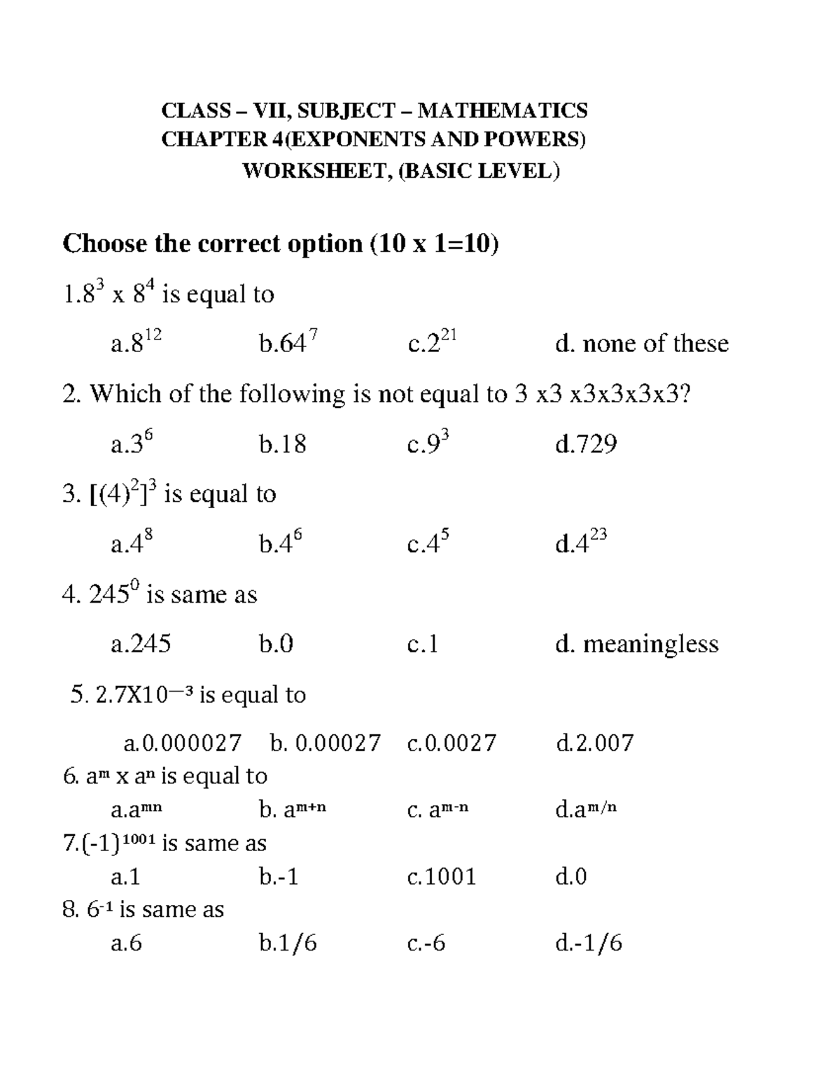 WS-Class VII-exponent and power - CLASS – VII, SUBJECT – MATHEMATICS CHAPTER 4(EXPONENTS AND ...