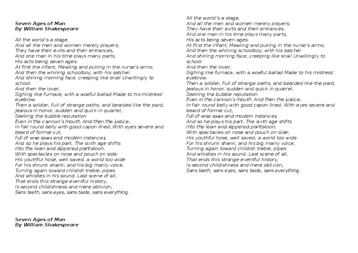 Seven Ages of Man - LESSON - Seven Ages of Man By William Shakespeare ...