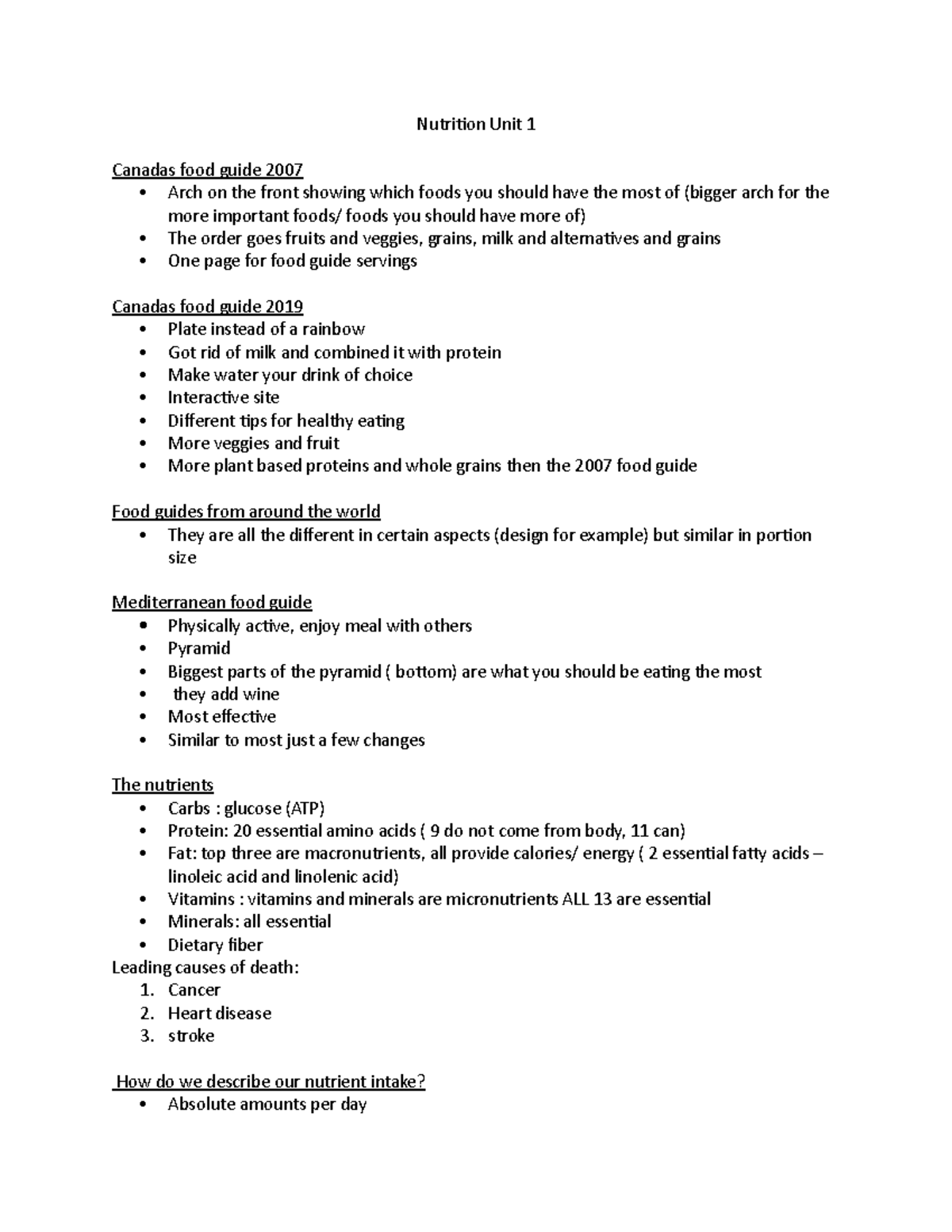 Nutrition midterm 1 - Lecture notes 1,2,3 - Nutriion Unit 1 Canadas ...