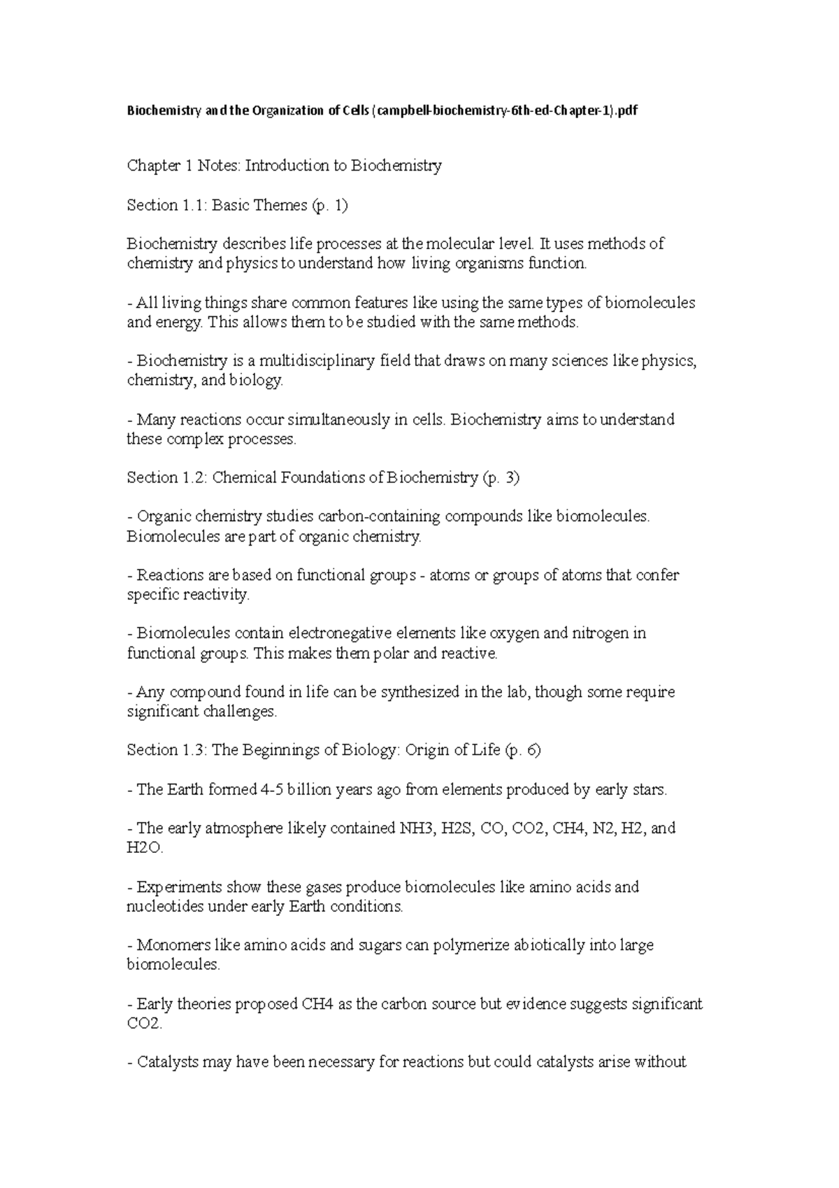 Biochemistry and the Organization of Cells - pdf Chapter 1 Notes ...