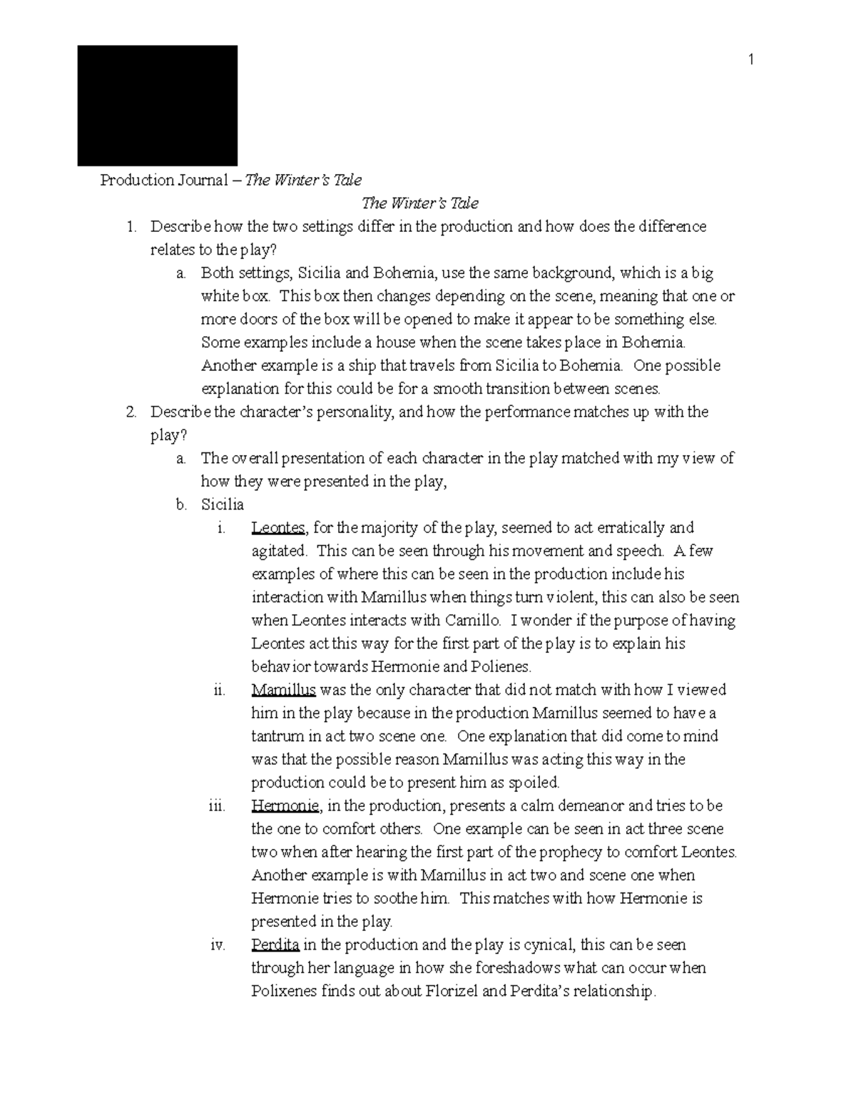 The Winter's Tale Journal Production - 1 Cindy Zak English 35200 Fall ...