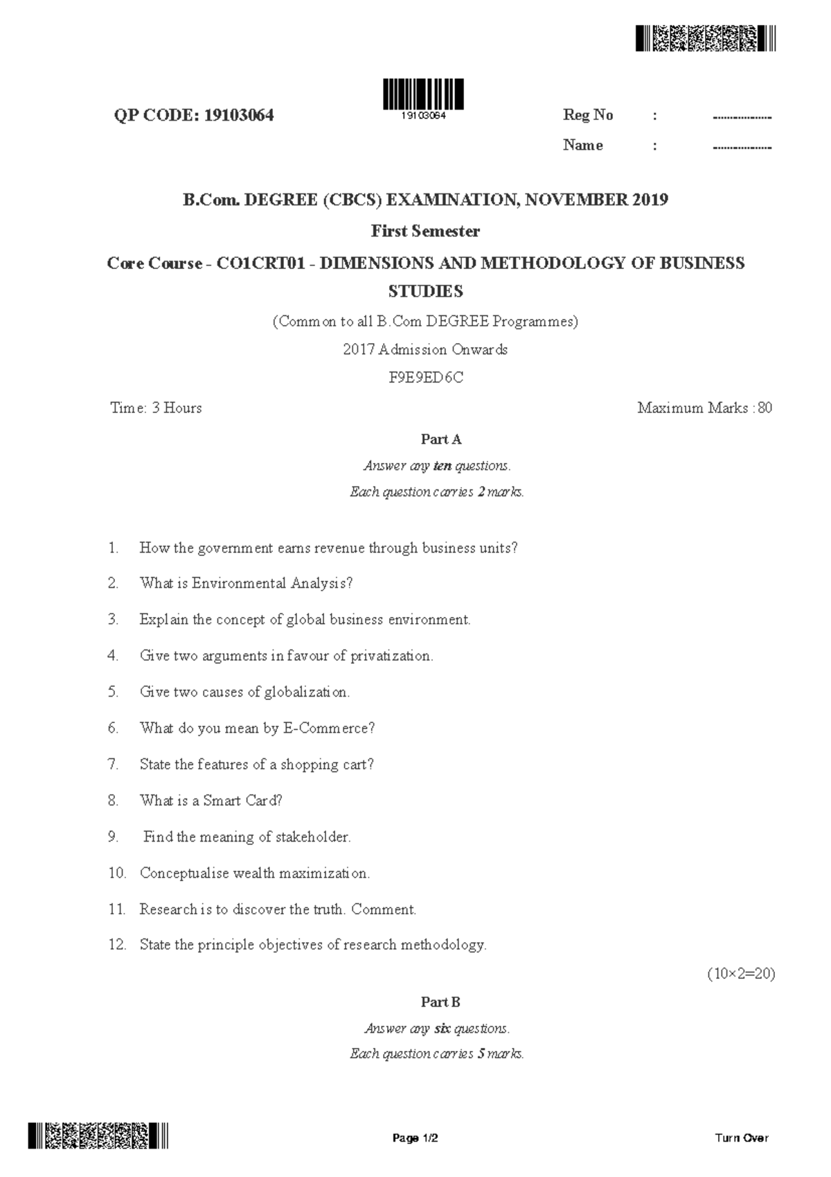 Dimensions methodology of business studies 2019 min - QP CODE: 19103064 Reg No : - Studocu