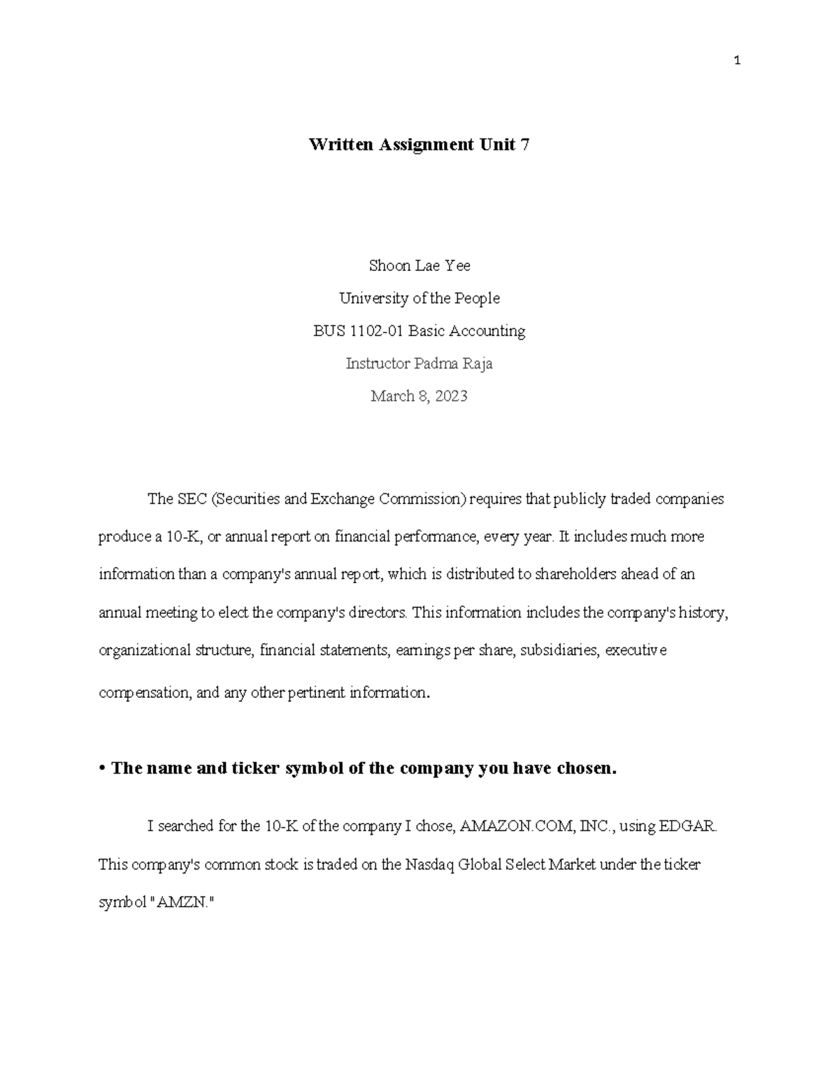 Basic Accounting Written Assignment Unit 7 - Written Assignment Unit 7 Shoon Lae Yee University ...