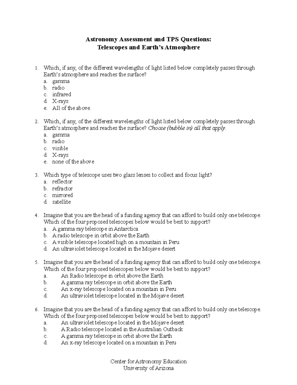 11 Telescopes and Earth's Atmosphere Compiled Questions v2 - Astronomy ...