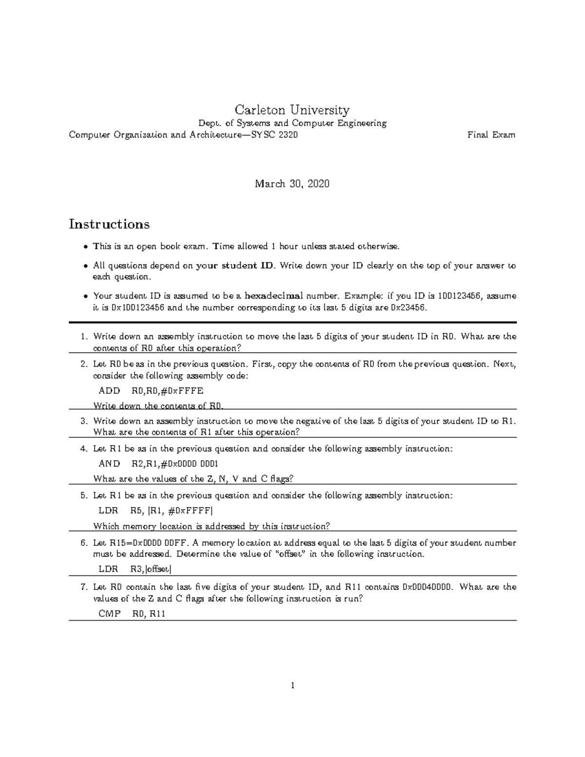 SYSC 2320 Winter 2020 Exam - Carleton University Dept. of Systems and Computer Engineering ...