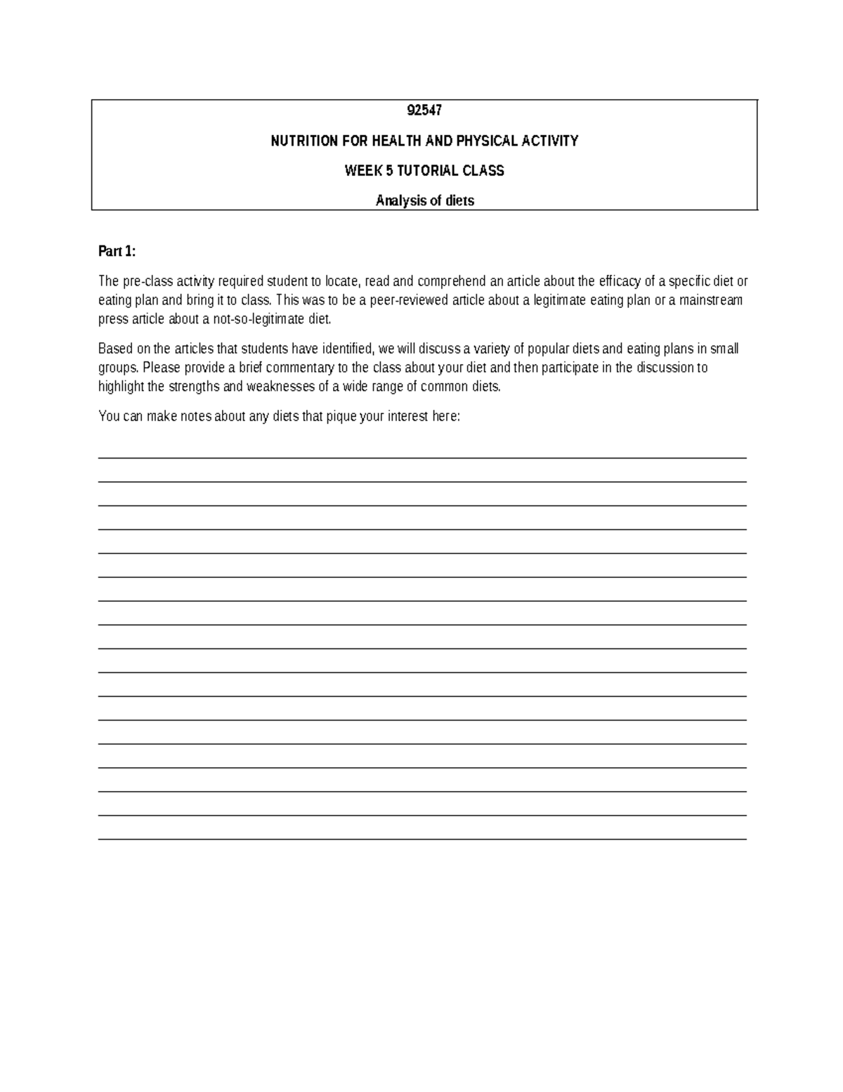 Week 5 tutorial worksheet - 92547 NUTRITION FOR HEALTH AND PHYSICAL ...