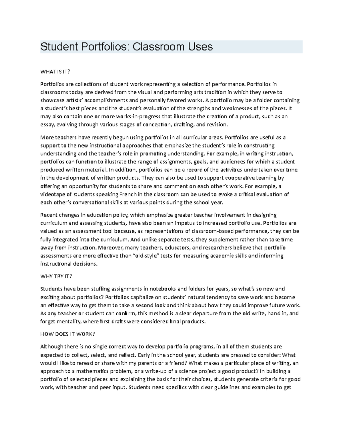 Student Portfolios - Portfolios in classrooms today are derived from ...