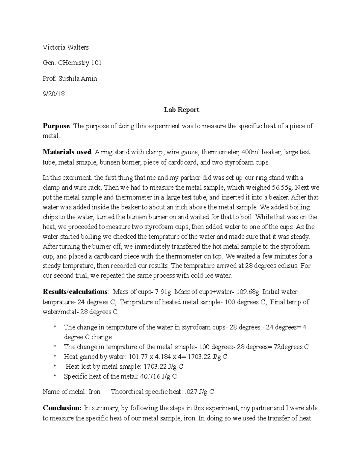 Chemistry lab report - Victoria Walters Gen. CHemistry 101 Prof ...