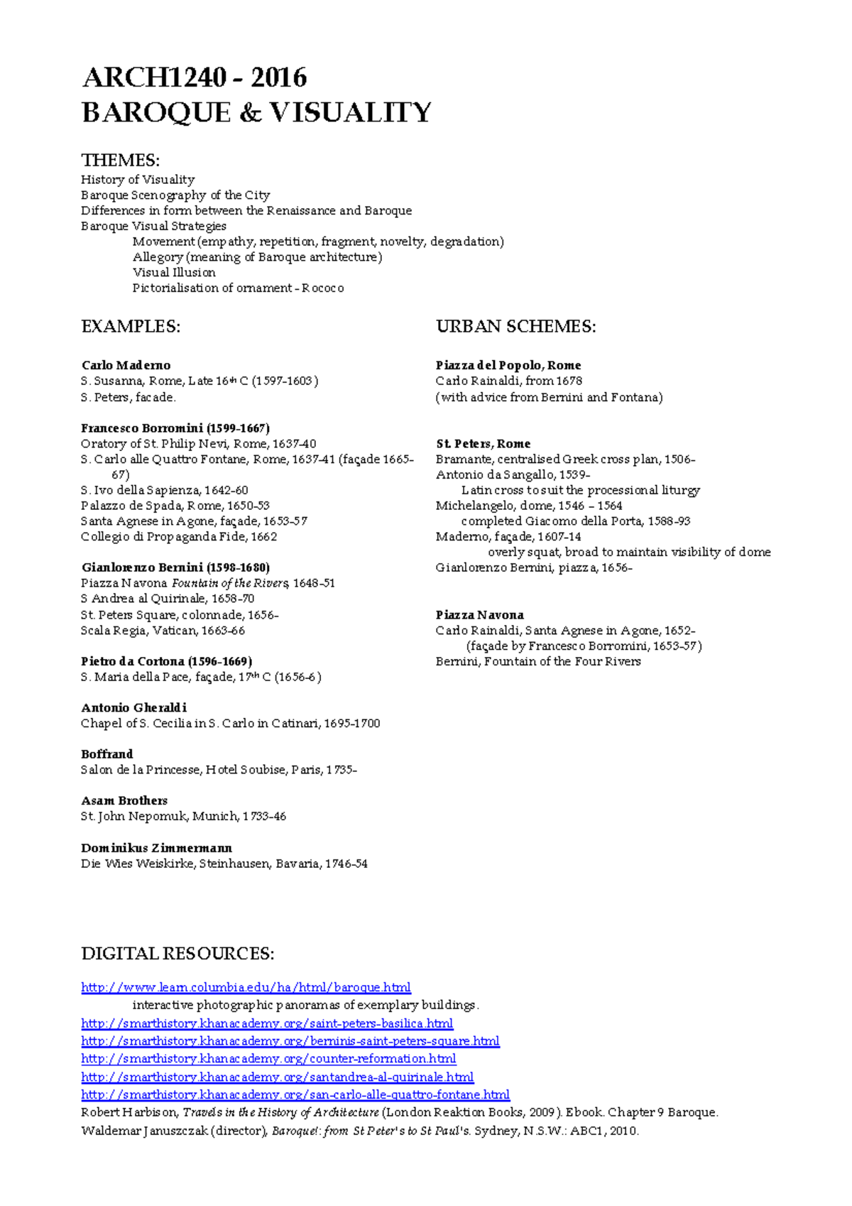 ARCH1240 3 Baroque - Summary Themes in the History of Western ...