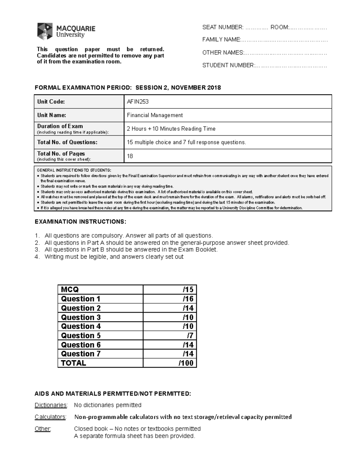 Final Exam 2018 Questions And Answers Warning Tt Undefined Function 32 This Question Paper