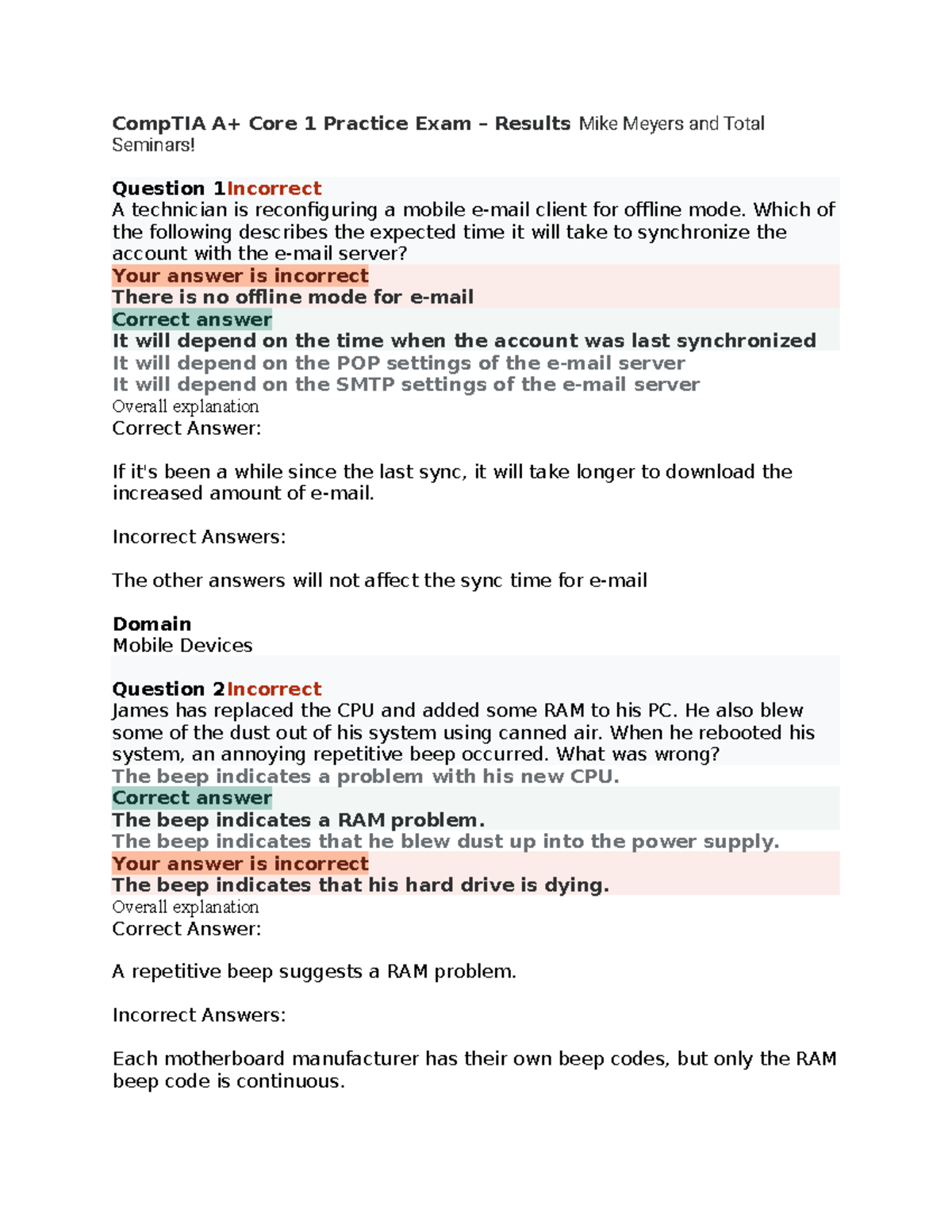 Comp TIA A+ Core 1 Practice Exam – Results Mike Meyers and Total ...