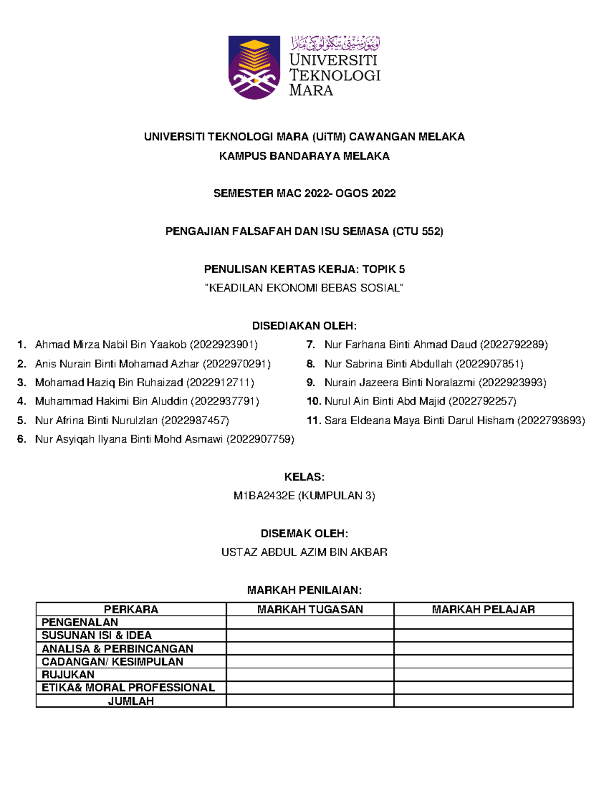 CTU552 Keadilan Ekonomi Bebas Sosial - UNIVERSITI TEKNOLOGI MARA (UiTM ...