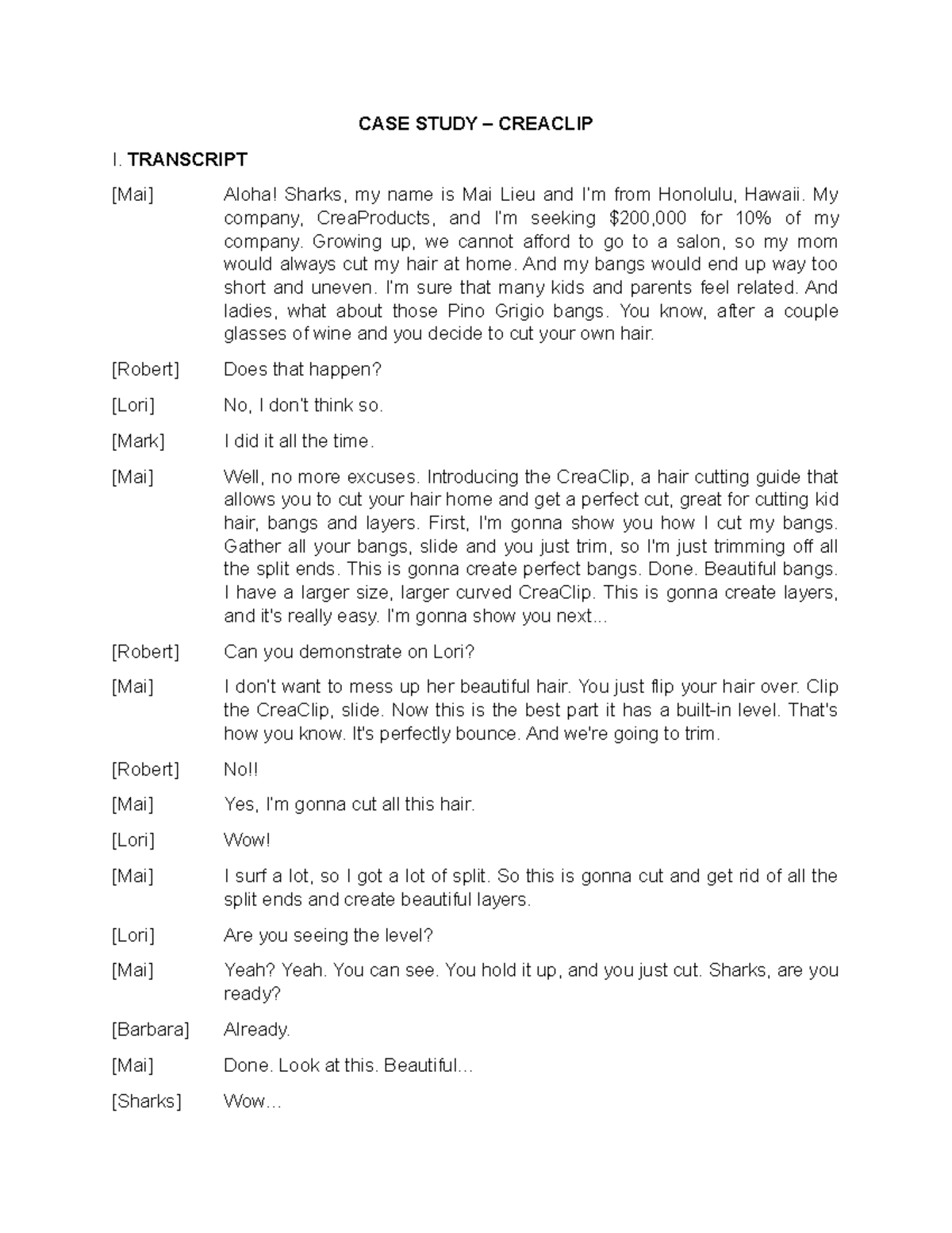 Exam 12 November 2017, questions and answers - CASE STUDY CREACLIP I ...