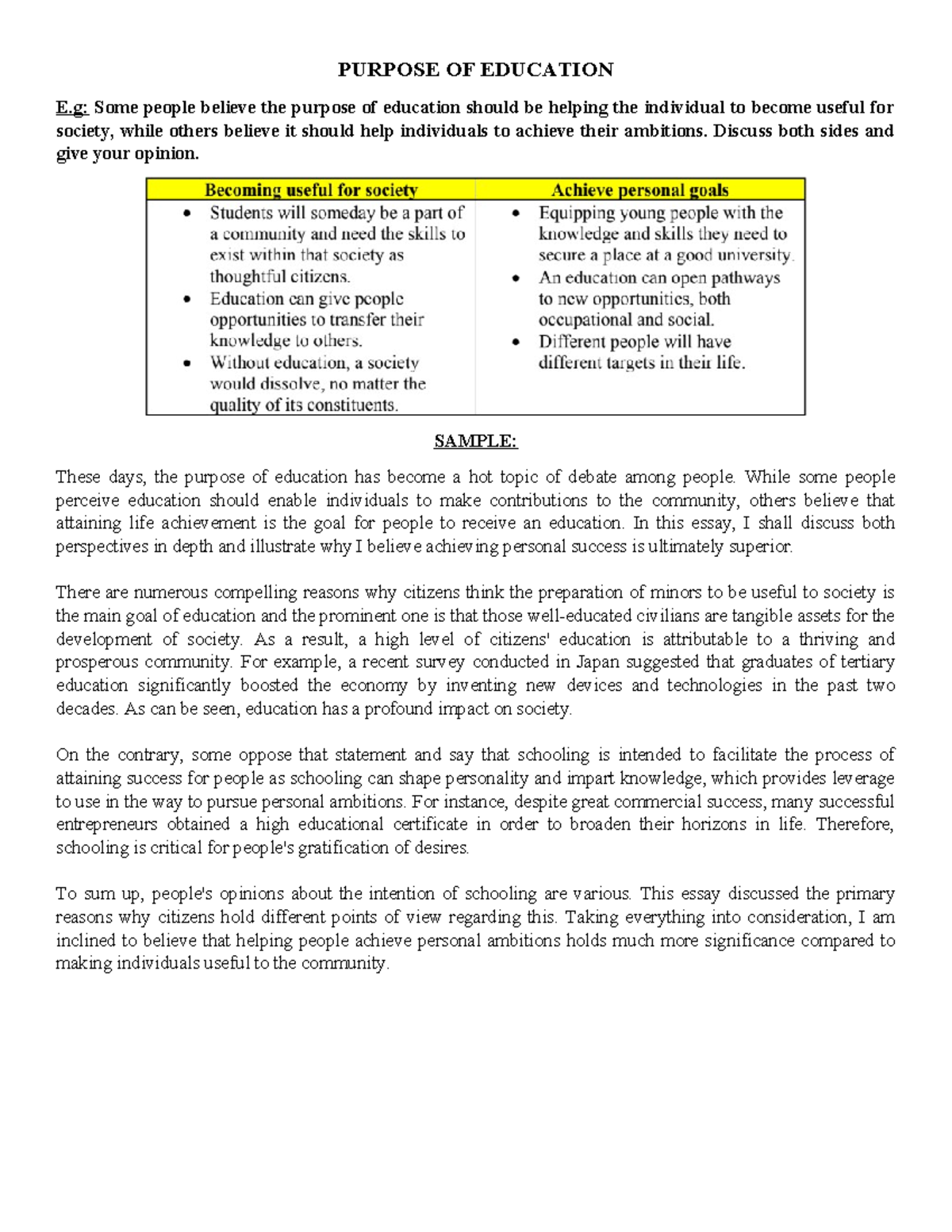 Purpose OF Education - PURPOSE OF EDUCATION E: Some people believe the ...