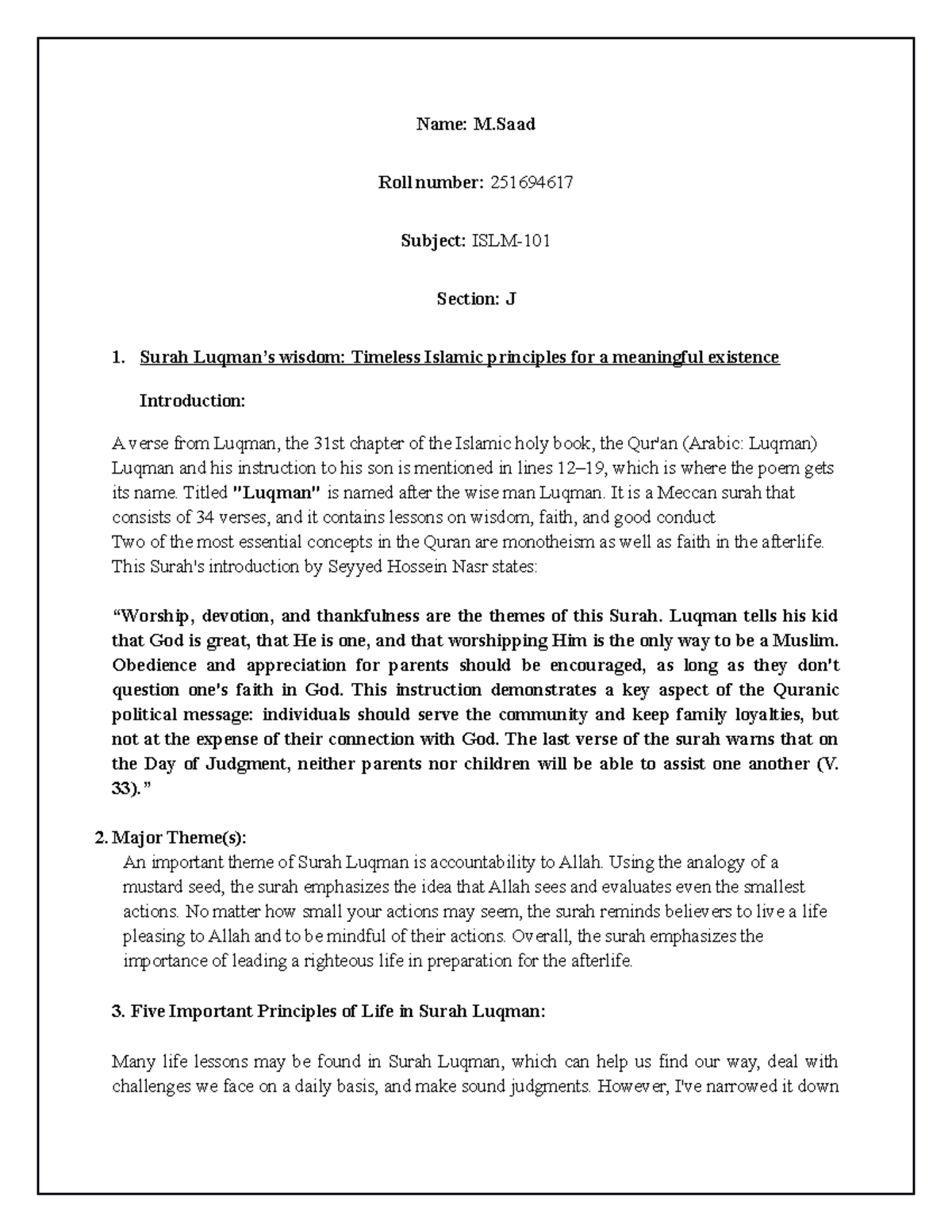 Surah-Luqman 101 - isl 101 - Name: M Roll number: 251694617 Subject: ISLM- Section: J Surah ...