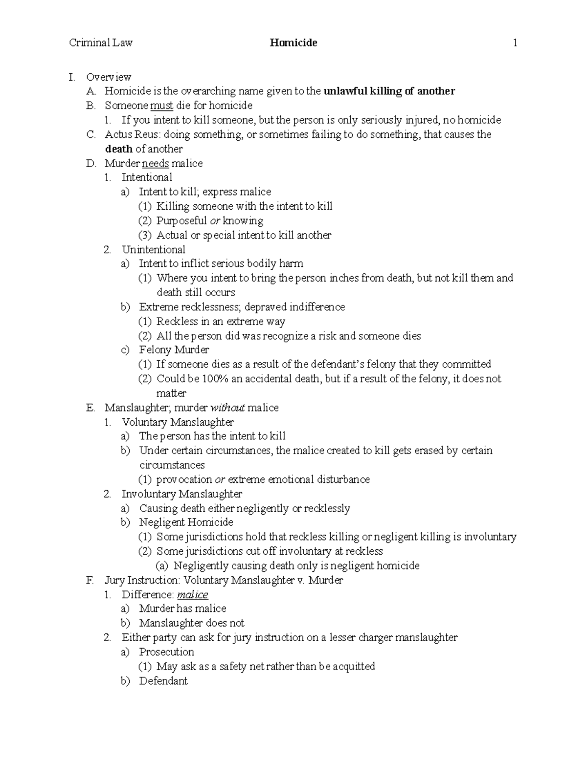 Homicide Outline - Murder, Intent to Inflict Serious Bodily Harm ...