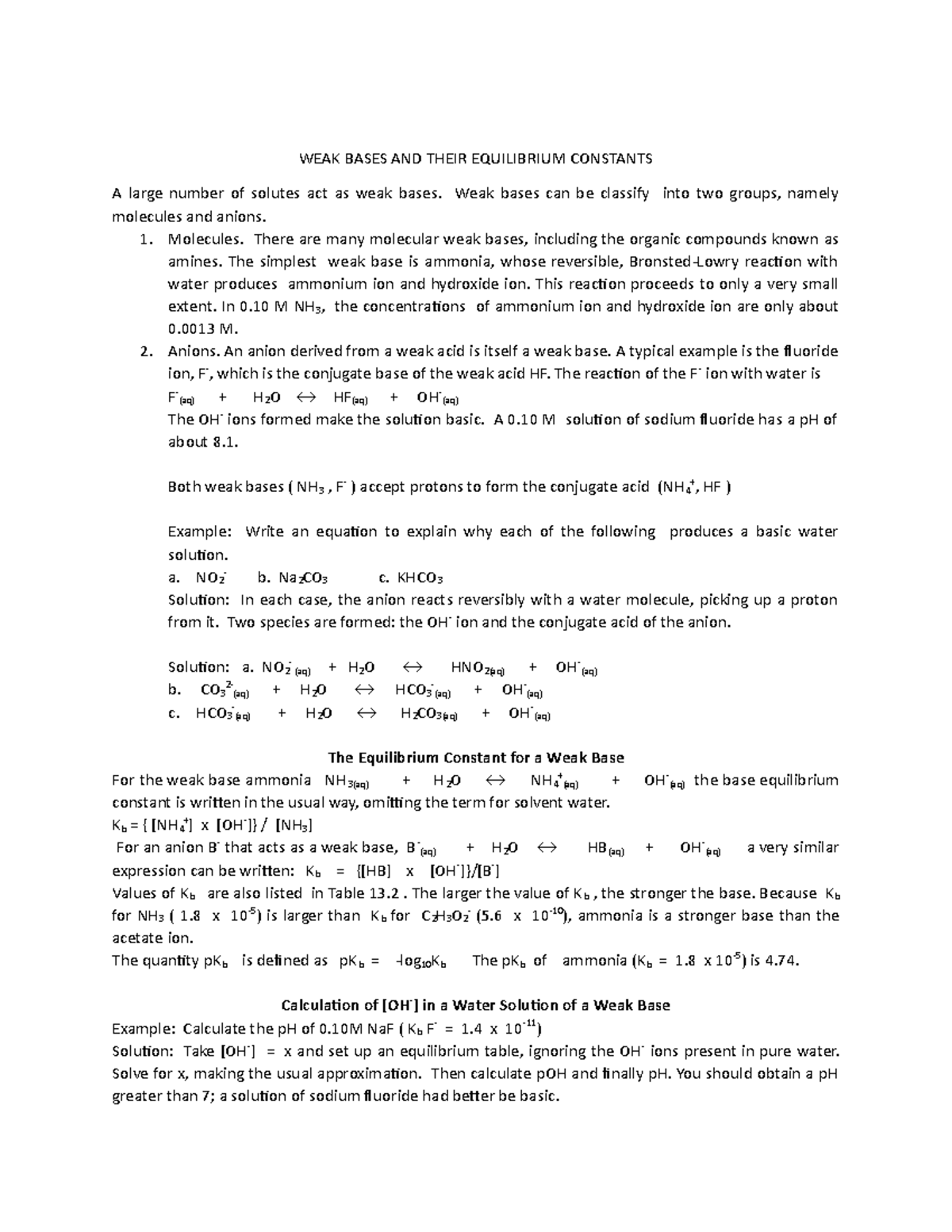 Lecture 4 in analytical chem - WEAK BASES AND THEIR EQUILIBRIUM ...