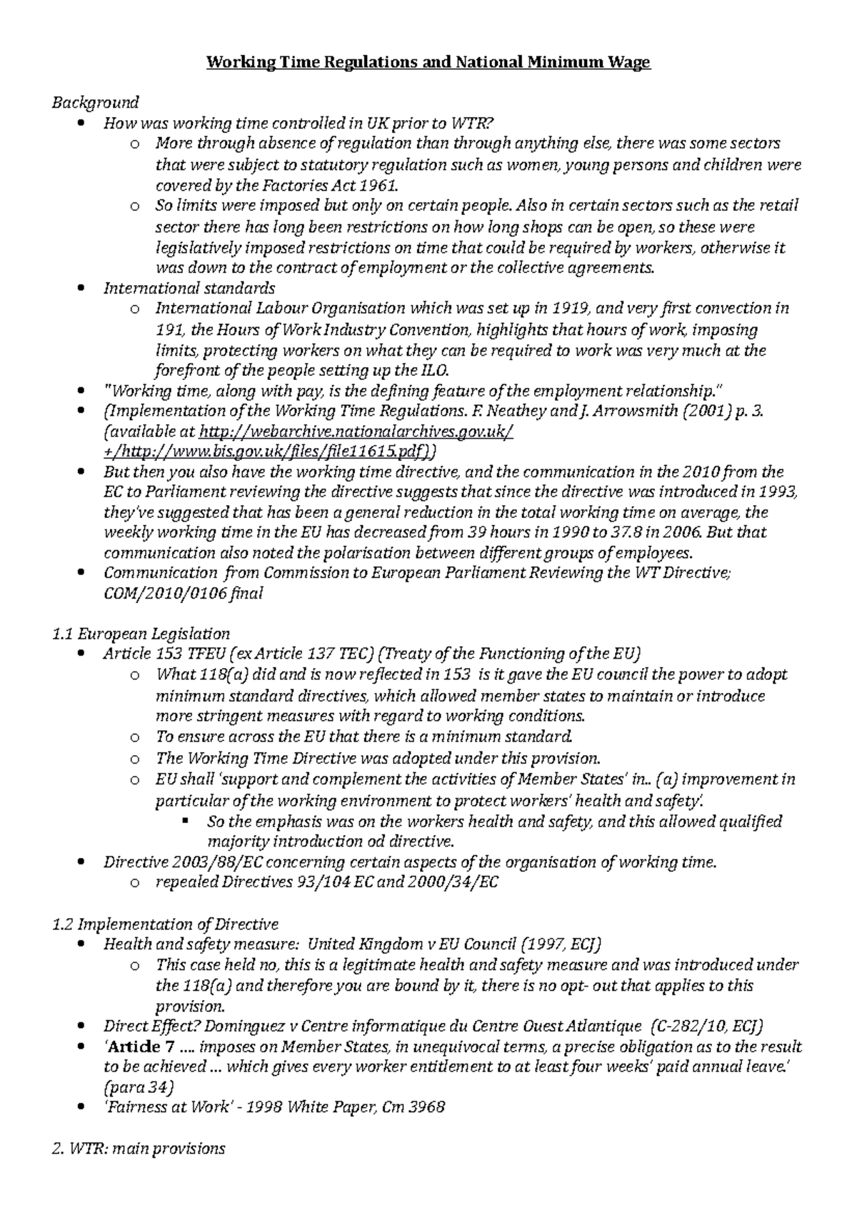 Working Time Regulations and National Minimum Wage - Working Time ...