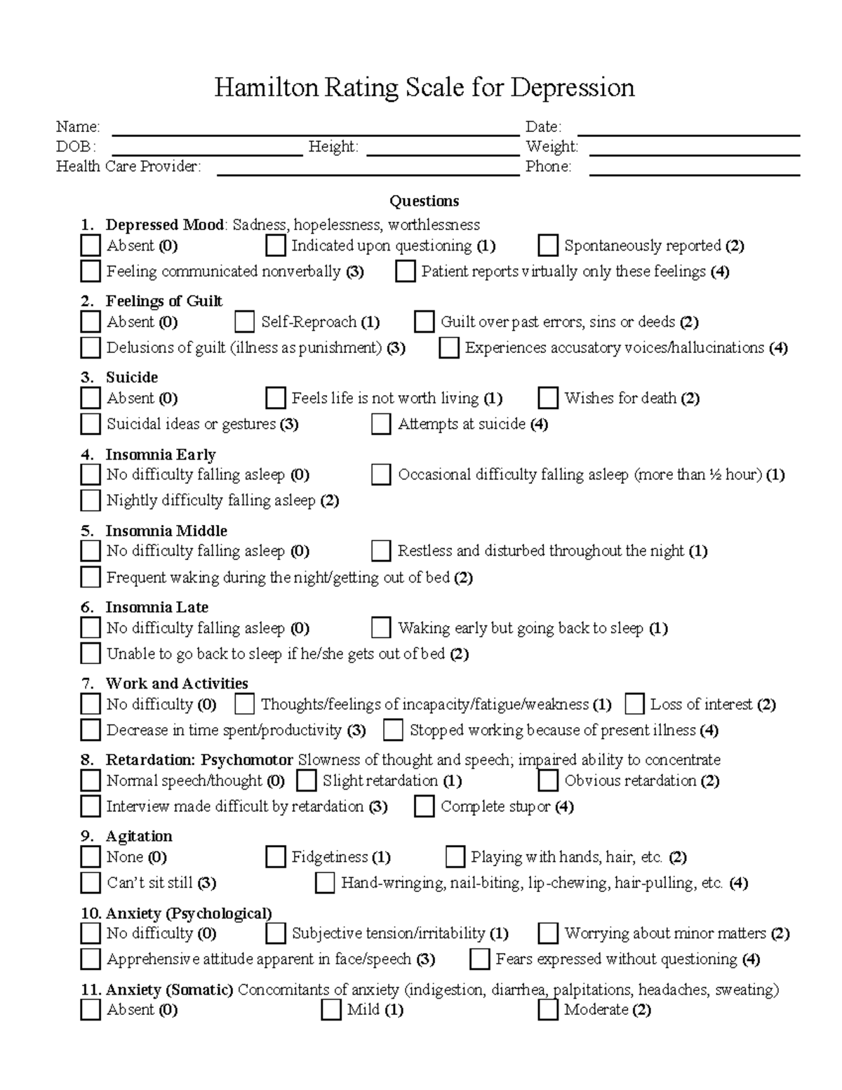 HAM-D - screening test - Hamilton Rating Scale for Depression Name ...