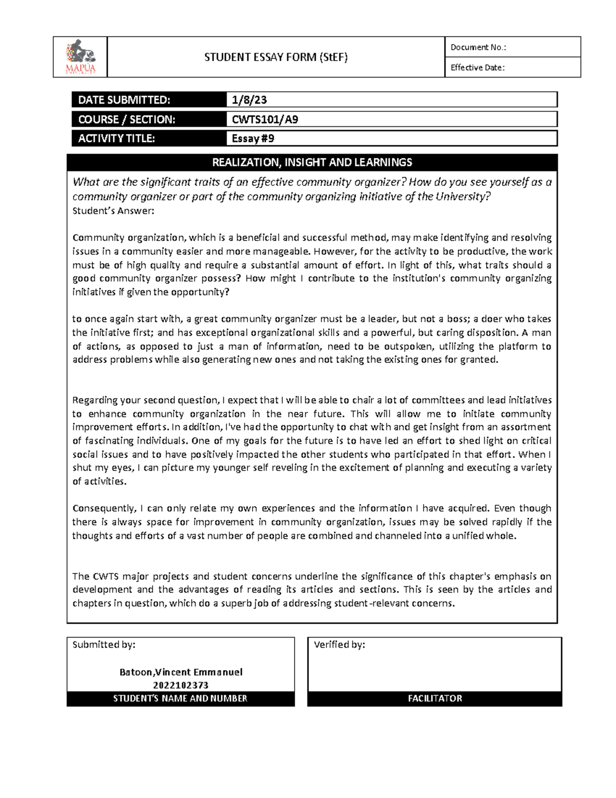 CWTS101 Essay #9 - Assignment in CWTS - STUDENT ESSAY FORM (StEF ...