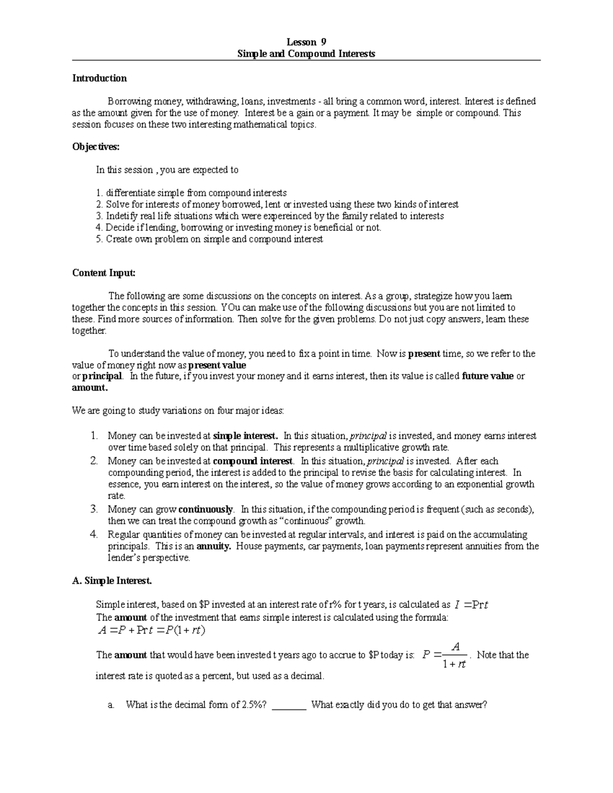 Lesson 9 Simple and Compound i Nterest - Lesson 9 Simple and Compound ...