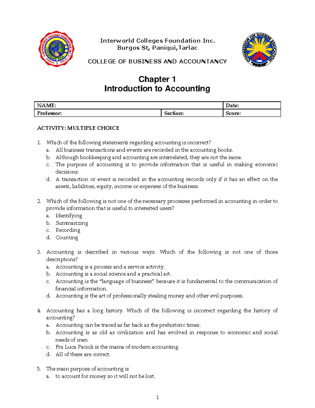 Activity Chapter 1 Introduction TO Accounting - 1 Interworld Colleges ...