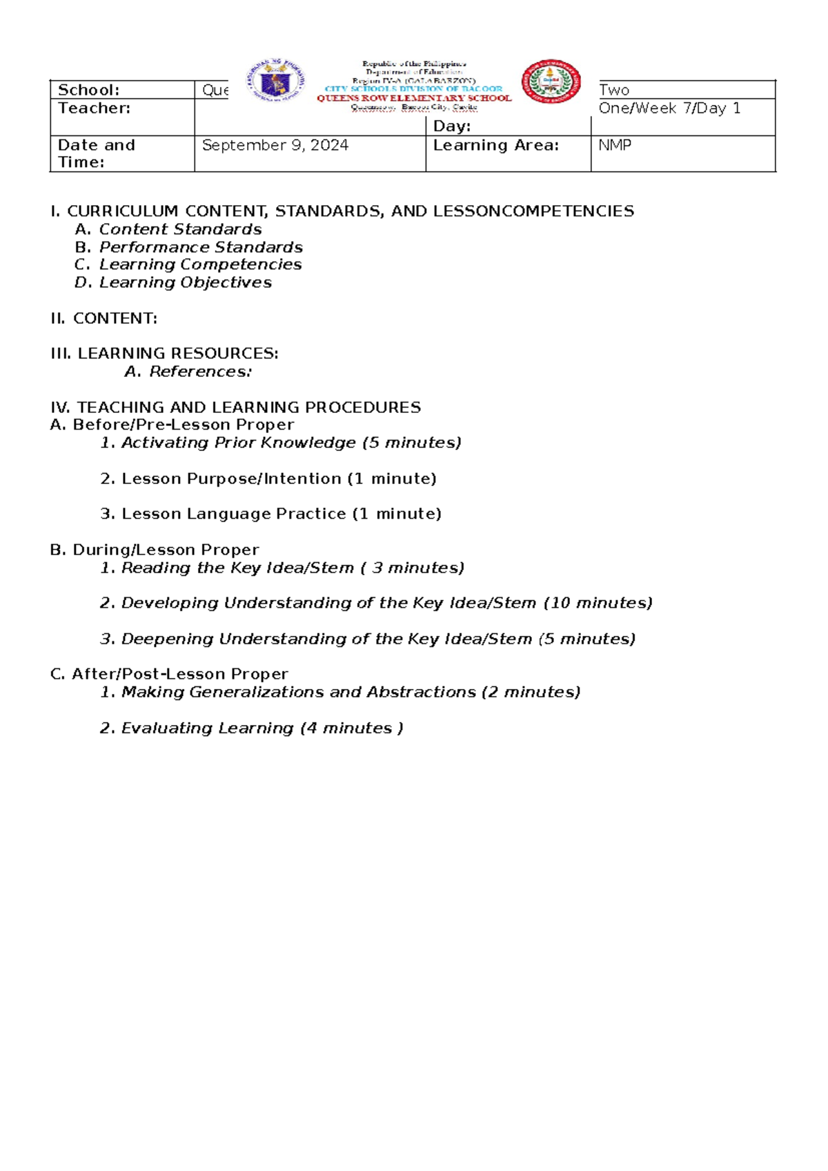 NMP format - NMP new subject - School: Queens Row ES Grade Level: Two ...