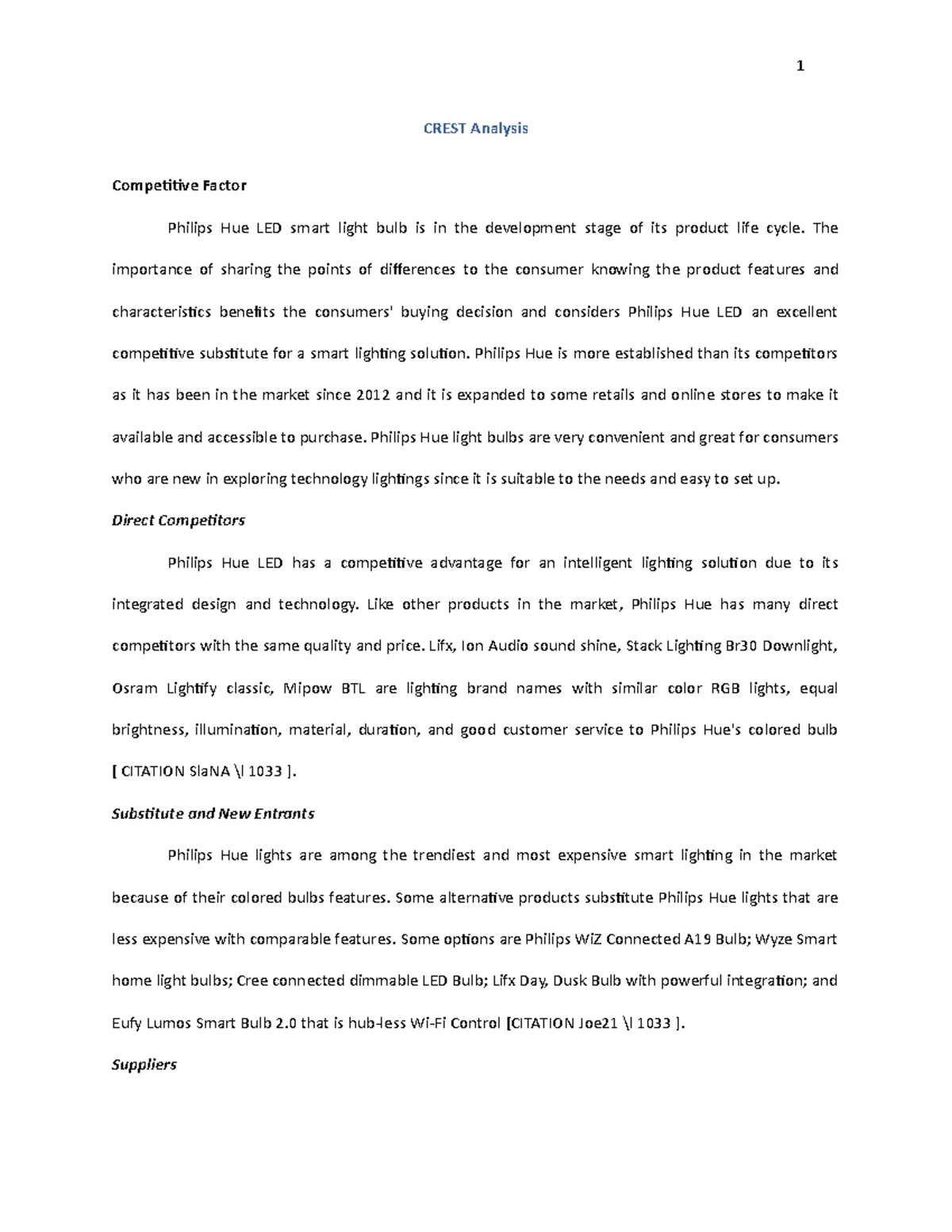 Philips Hue - Crest analysis - 1 CREST Analysis Competitive Factor ...