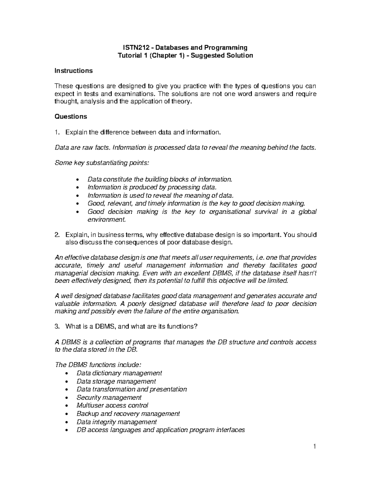ISTN212 Databases Tutorial 1 - Chapters 1 - Solution - 1 ISTN212 - Databases and Programming ...