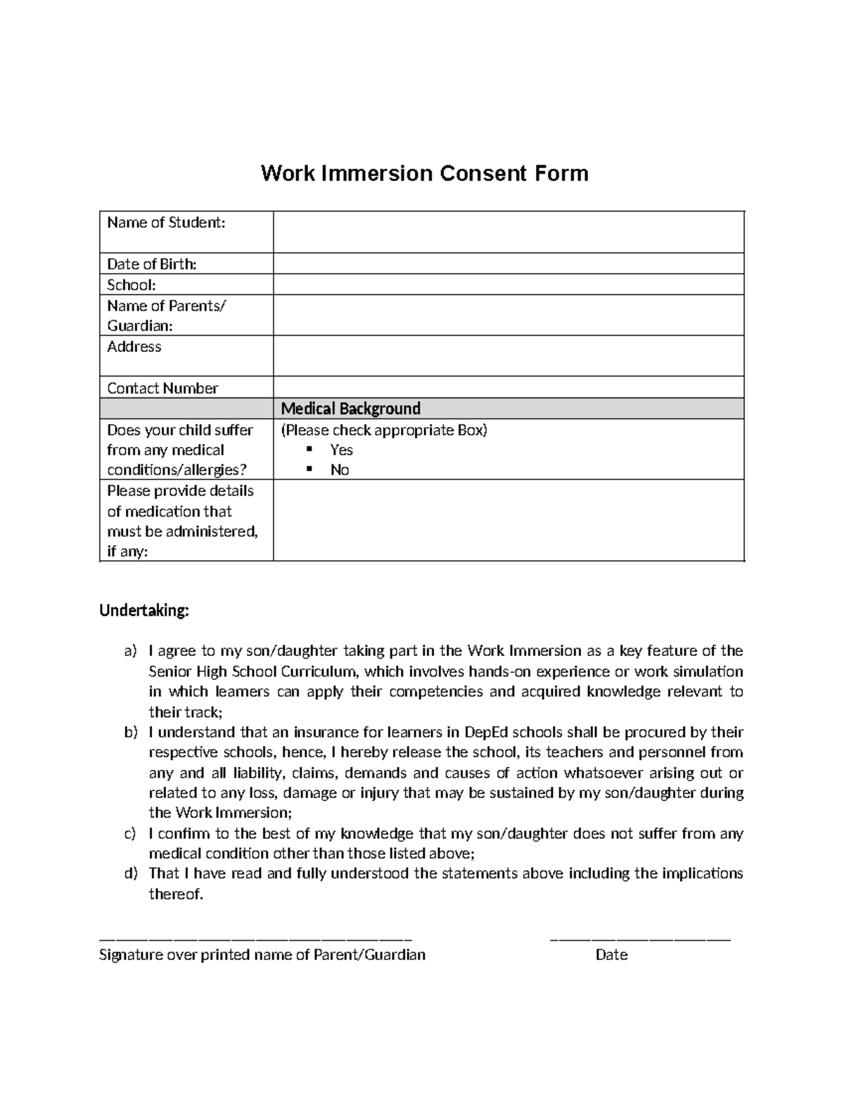 Assdssdfsshshs - Work Immersion Consent Form Name of Student: Date of ...