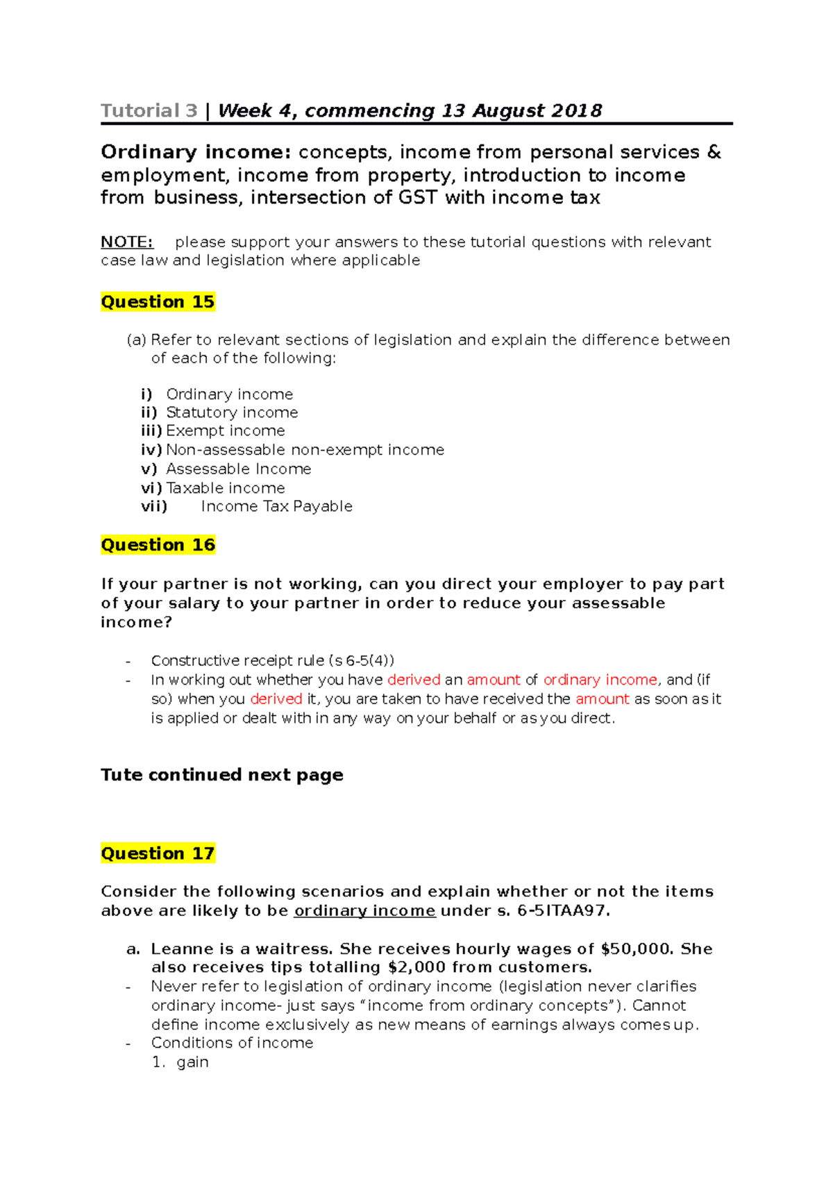Tutorial 3 Answers Tutorial Solutions Tutorial 3 Week 4 Commencing 13 August 2018