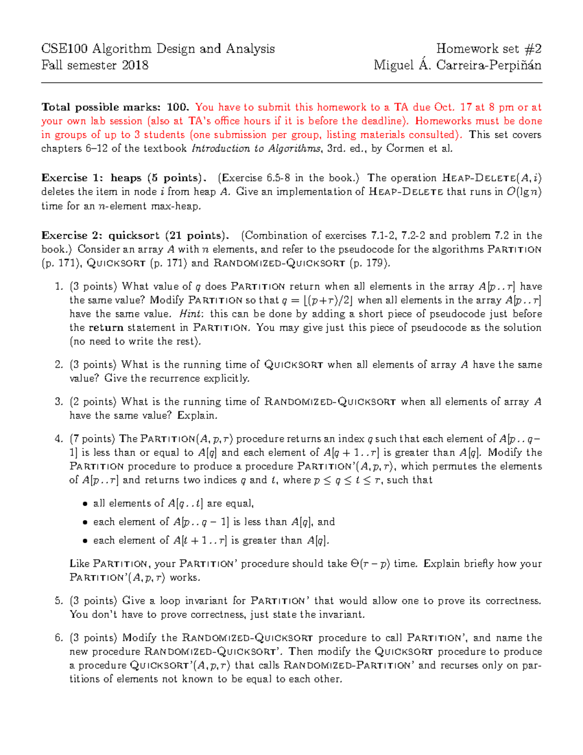Hw2 - Professor Sungjim Im, - CSE100 Algorithm Design and Analysis Homework set Fall semester ...