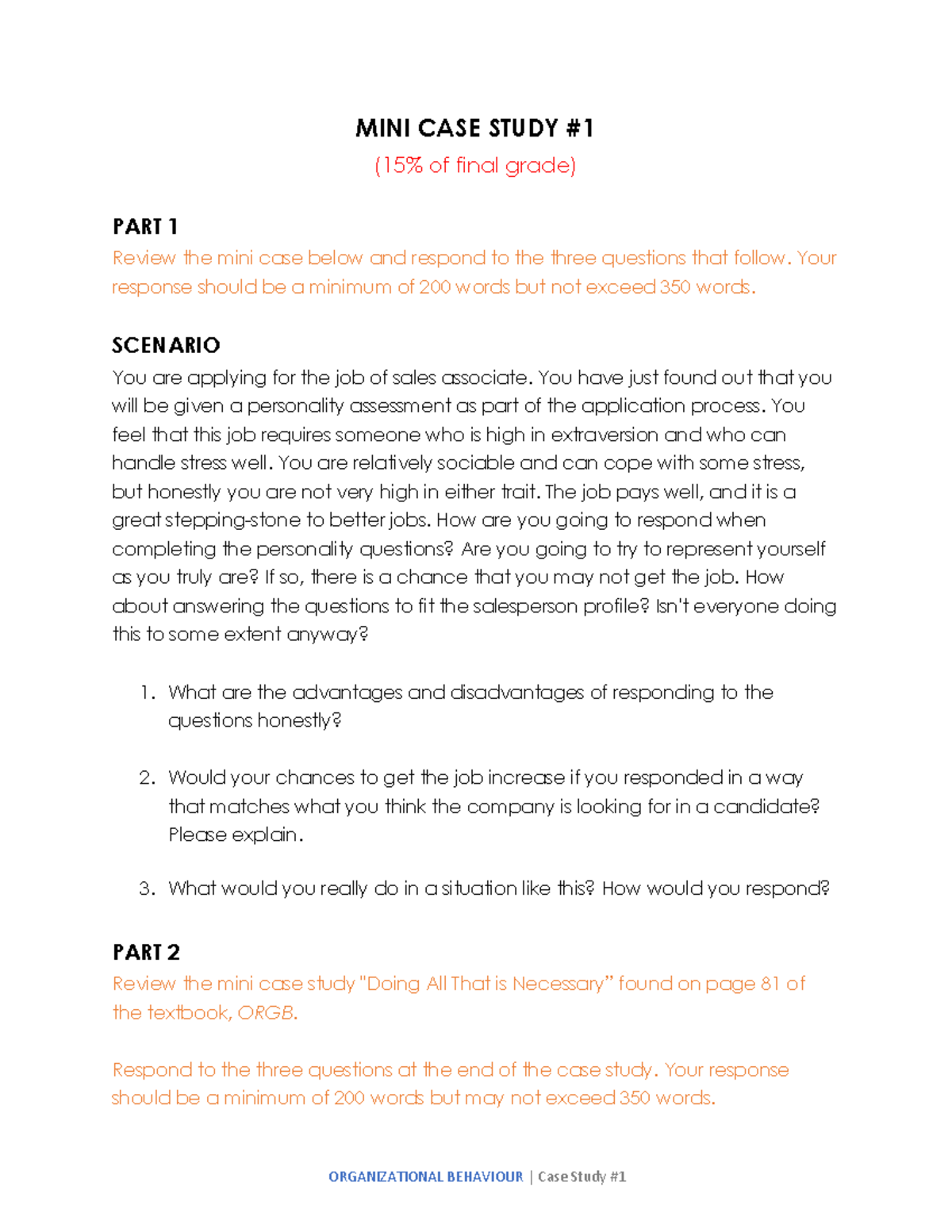 OB Case Study #1 - Part 1 - Details for assignments - ORGANIZATIONAL BEHAVIOUR | Case Study ...