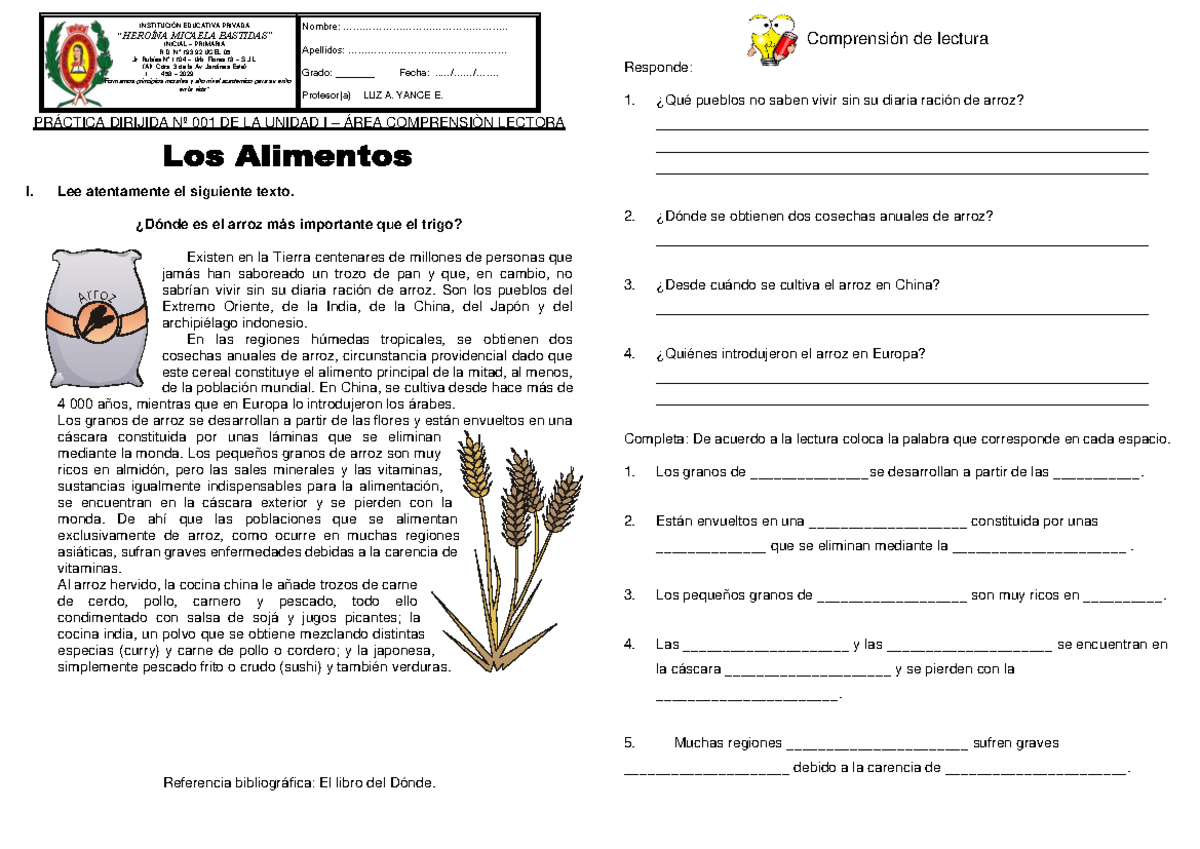 PLAN Lector-LOS Alimentos - PRÁCTICA DIRIJIDA Nº 001 DE LA UNIDAD I – ÁREA COMPRENSIÒN LECTORA I ...