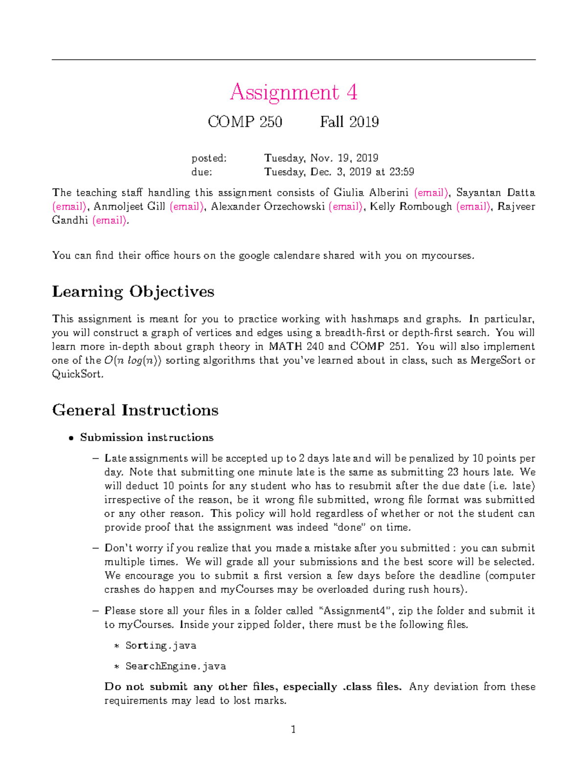 Comp 250 Introduction to Computer Science Fall 2019 Assignment 4 ...