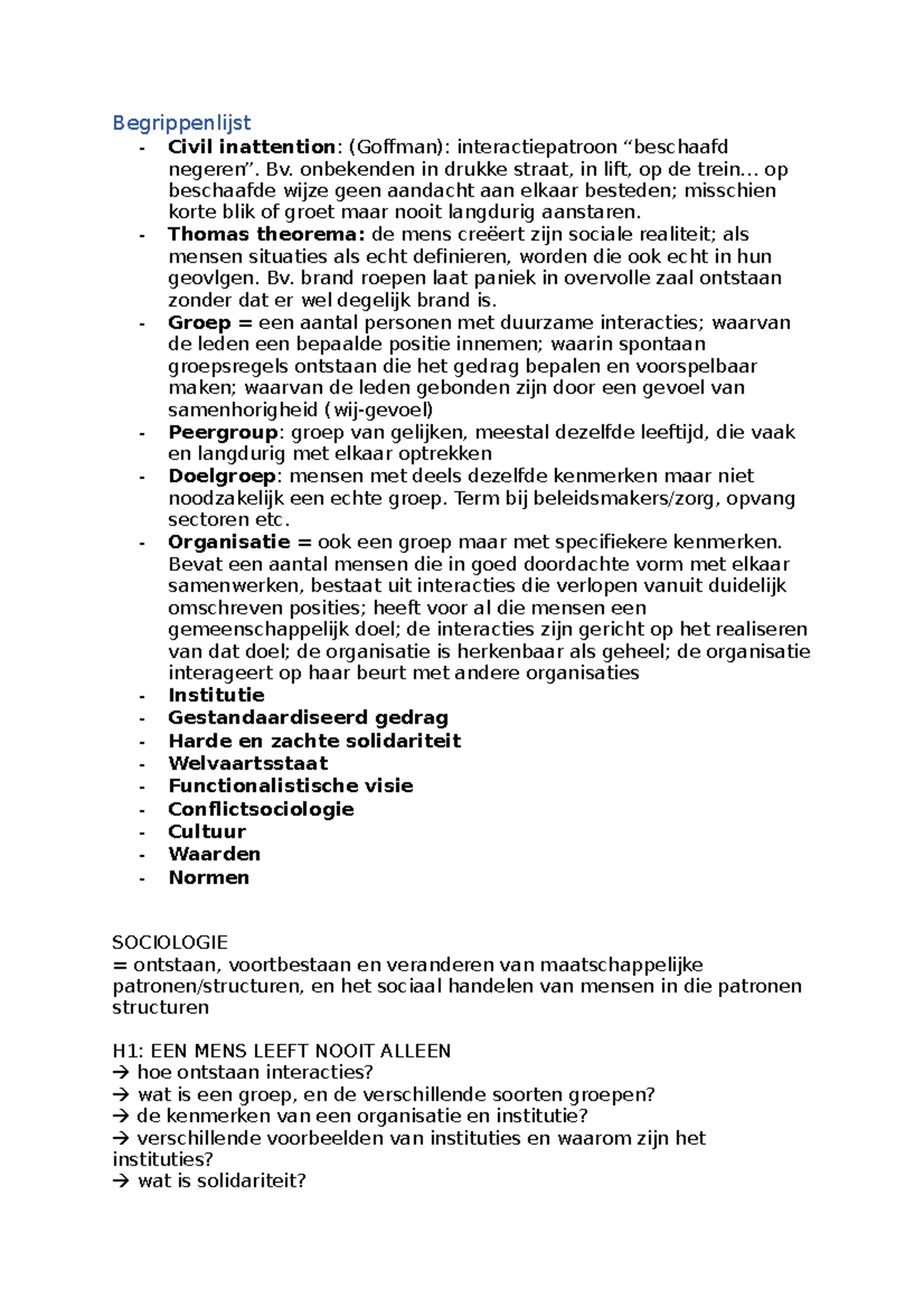 H1 Sociologie - Begrippenlijst Civil inattention: (Goffman ...