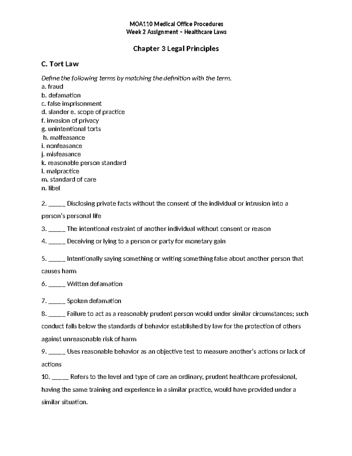 Week 2 Assignment Worksheet 15e - Week 2 Assignment – Healthcare Laws Chapter 3 Legal Principles ...