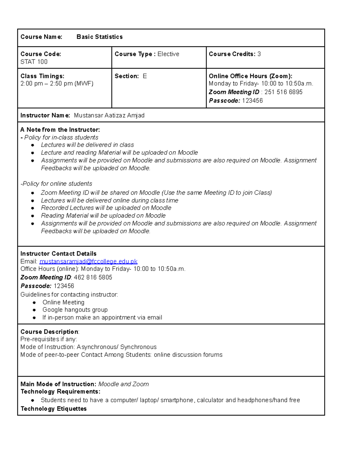 STAT100 - Course Outline - Course Name: Basic Statistics Course Code ...
