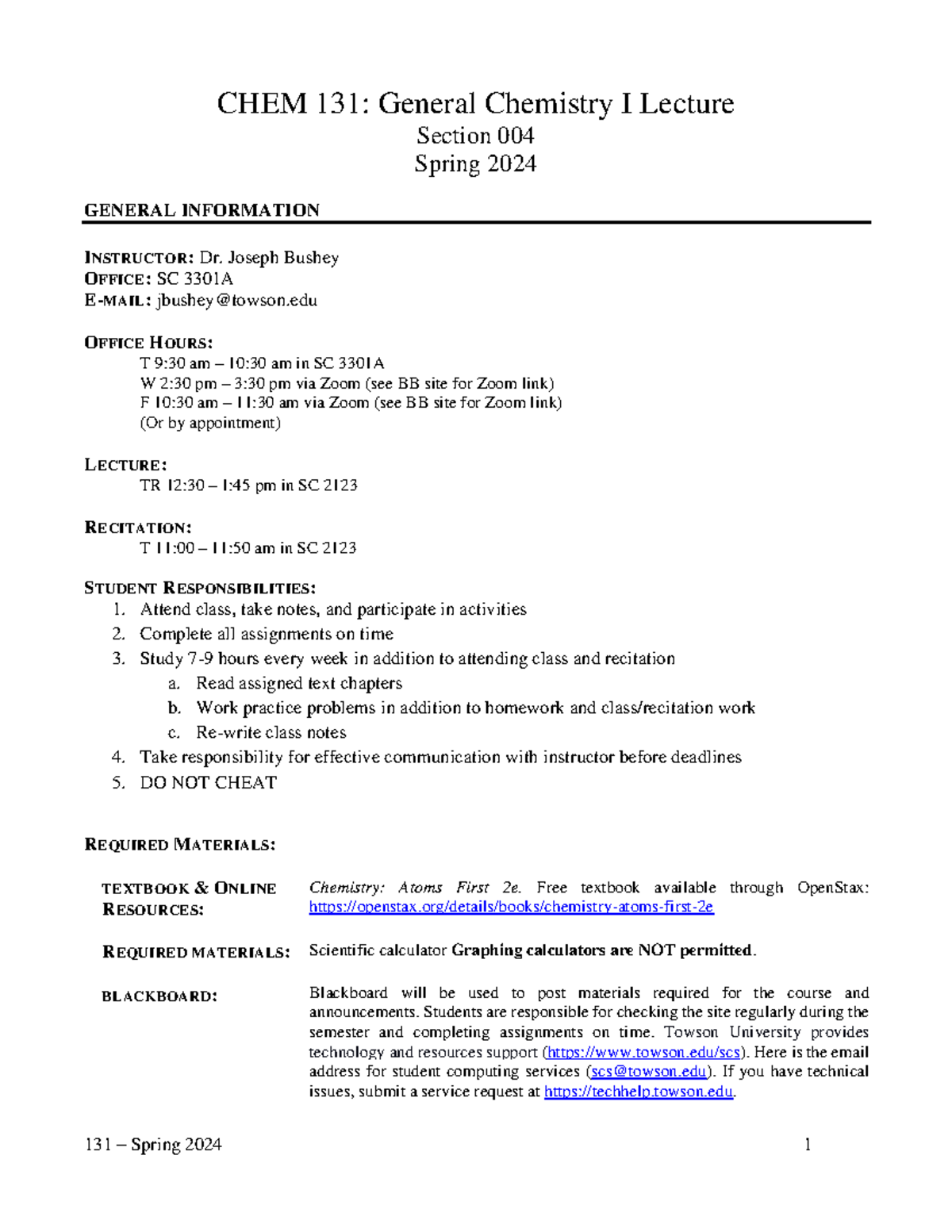 Syllabus Spring 24 Bushey 1230 - CHEM 131 : General Chemistry I Lecture ...